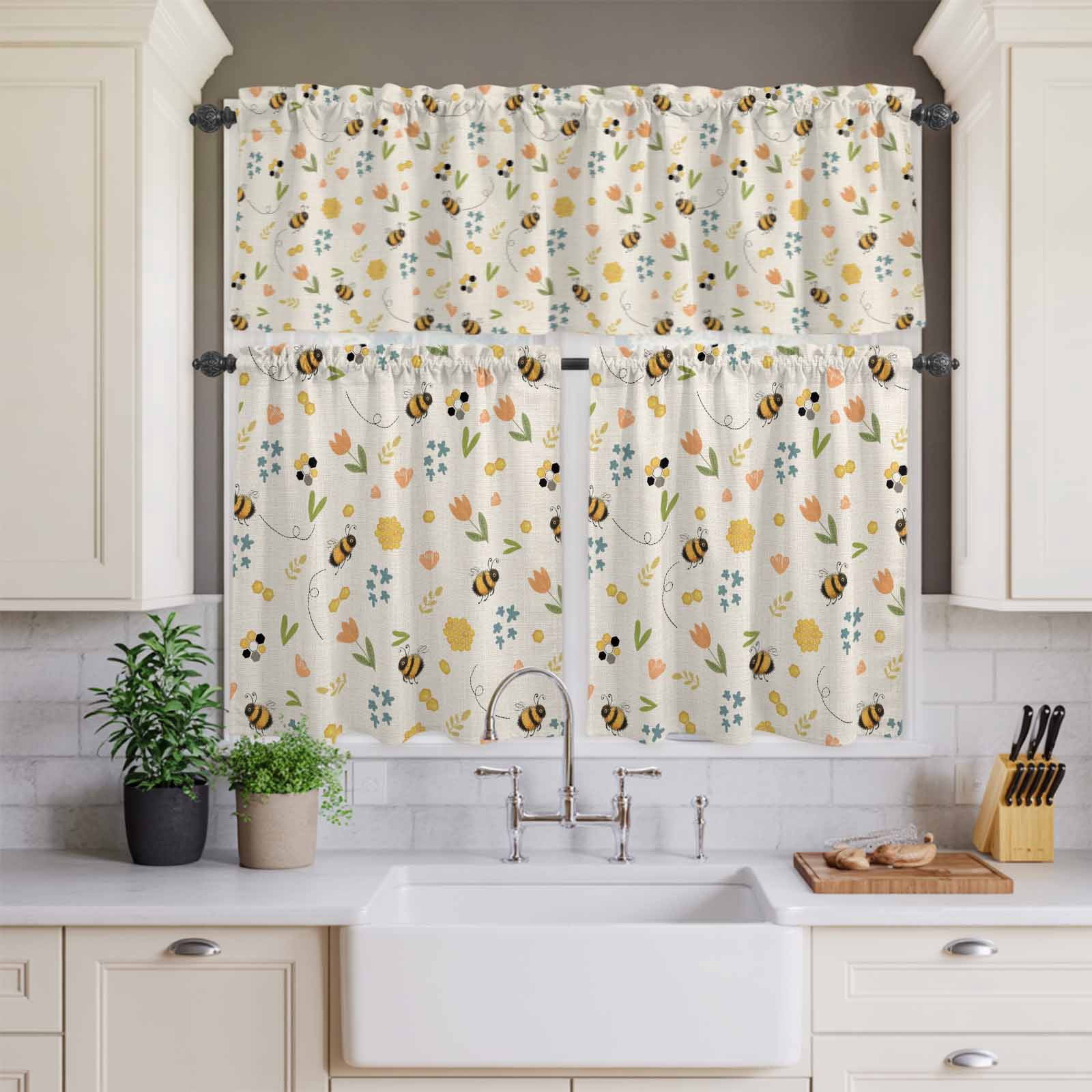 Kitchen Window Curtains Valance and Tier Set, Retro Spring Flowers Bees ...