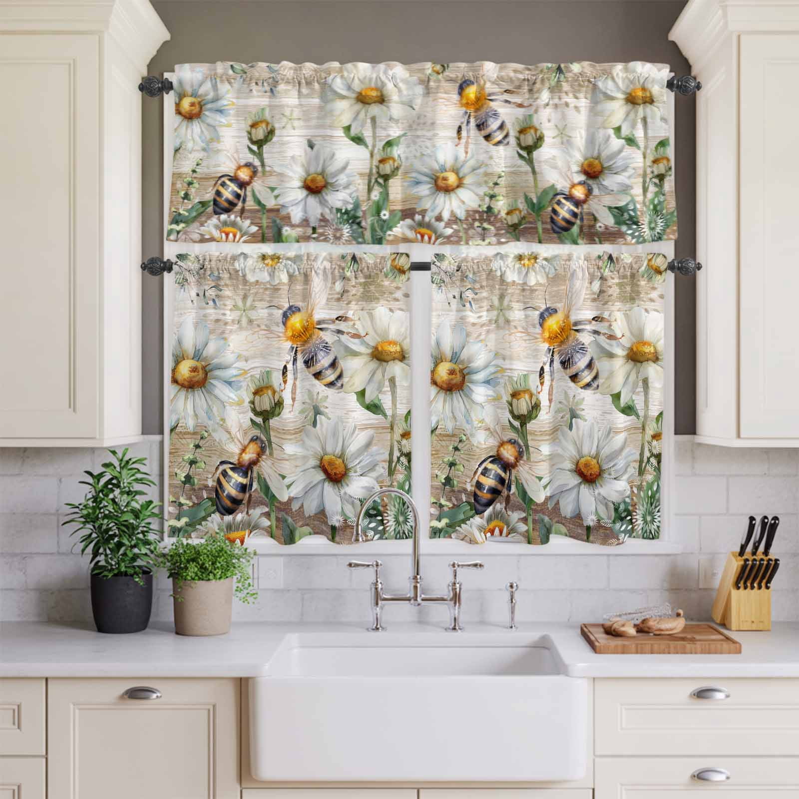 Kitchen Window Curtains Valance and Tier Set, Retro Watercolor Diasy ...