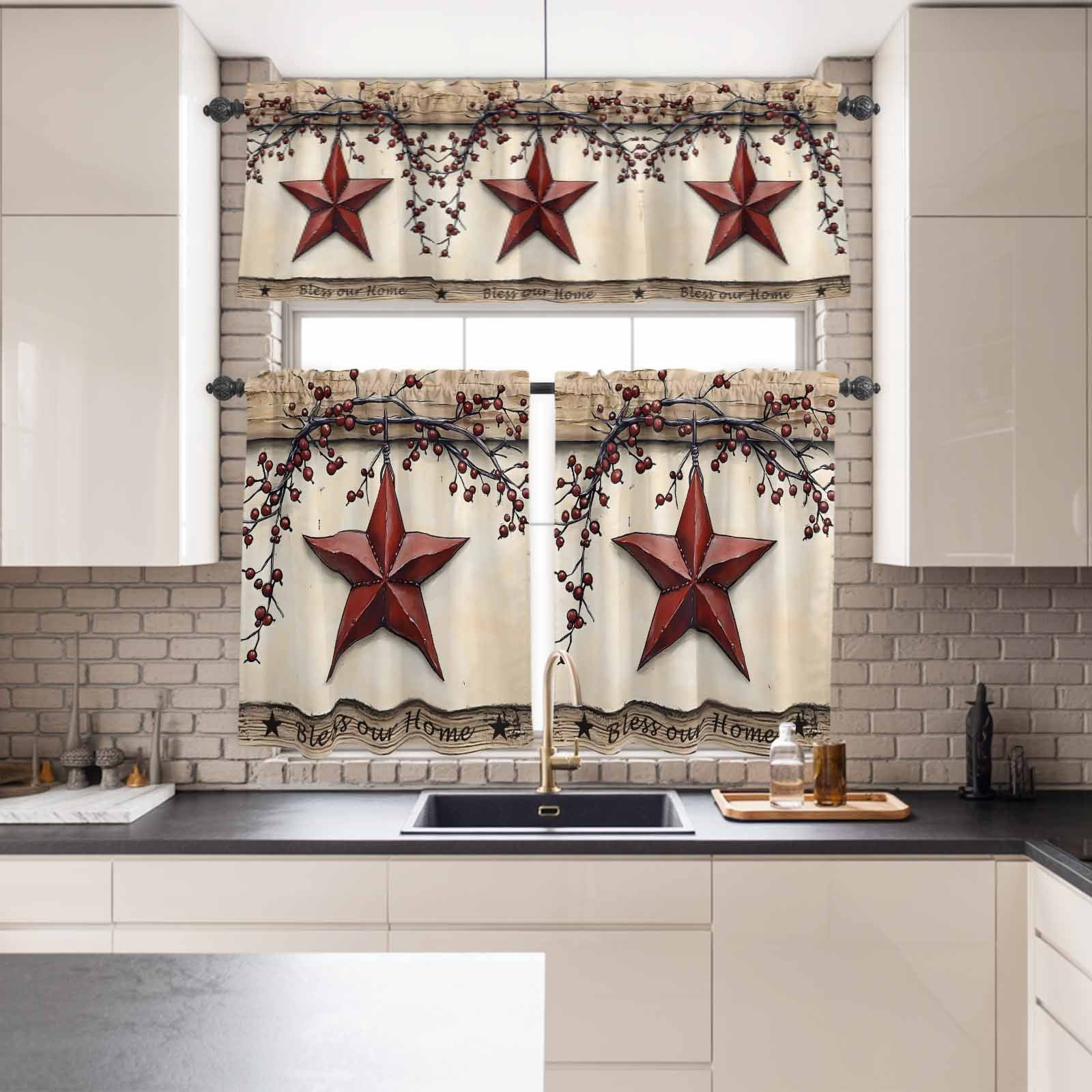 Kitchen Window Curtains Valance and Tier Set, Retro Western Star Red ...