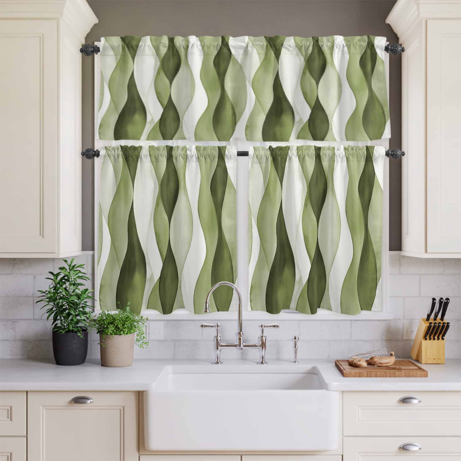 Kitchen Window Curtains Valance and Tier Set, Sage Green Gradient ...