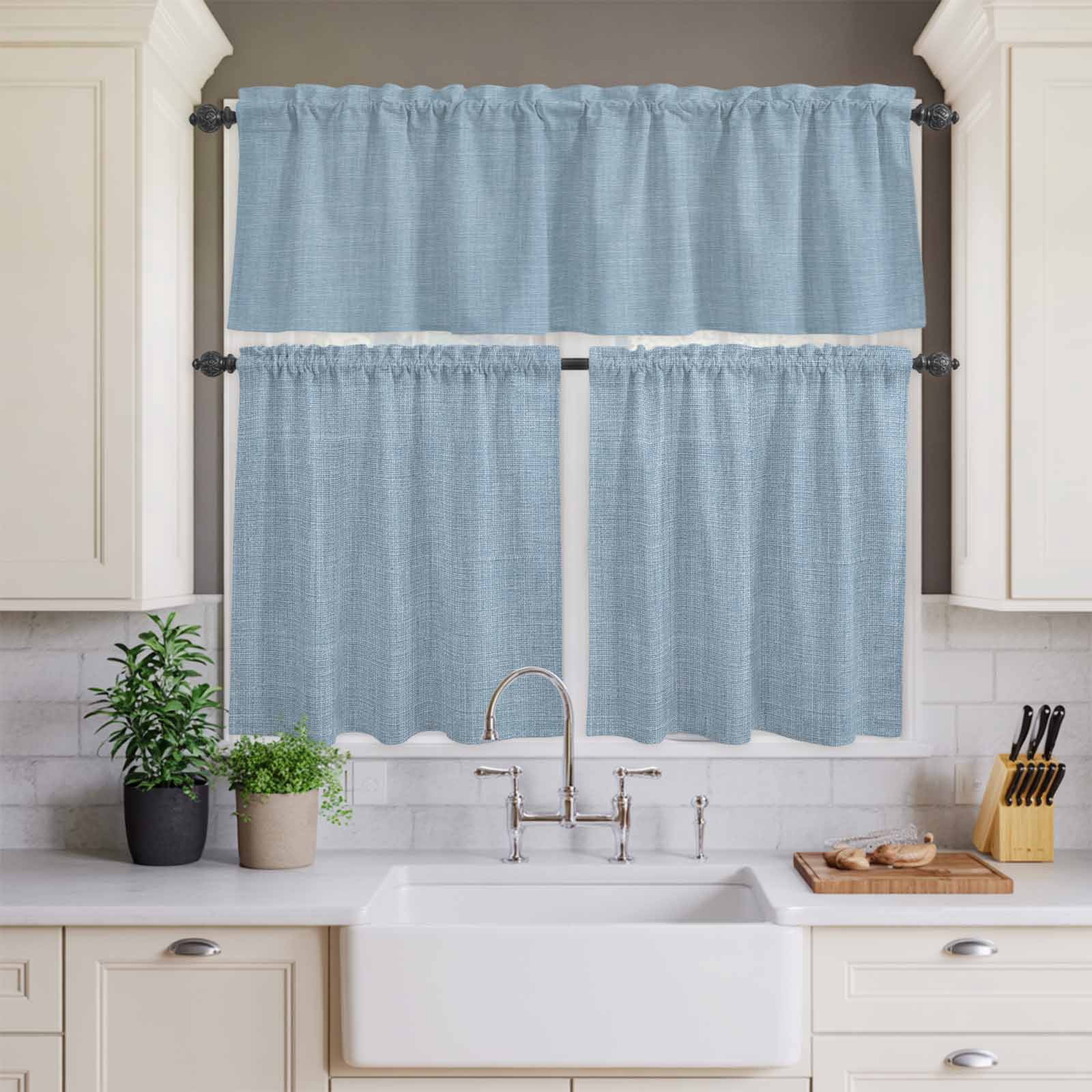 Kitchen Window Curtains Valance and Tier Set, Sky Blue Solid Color Rod ...