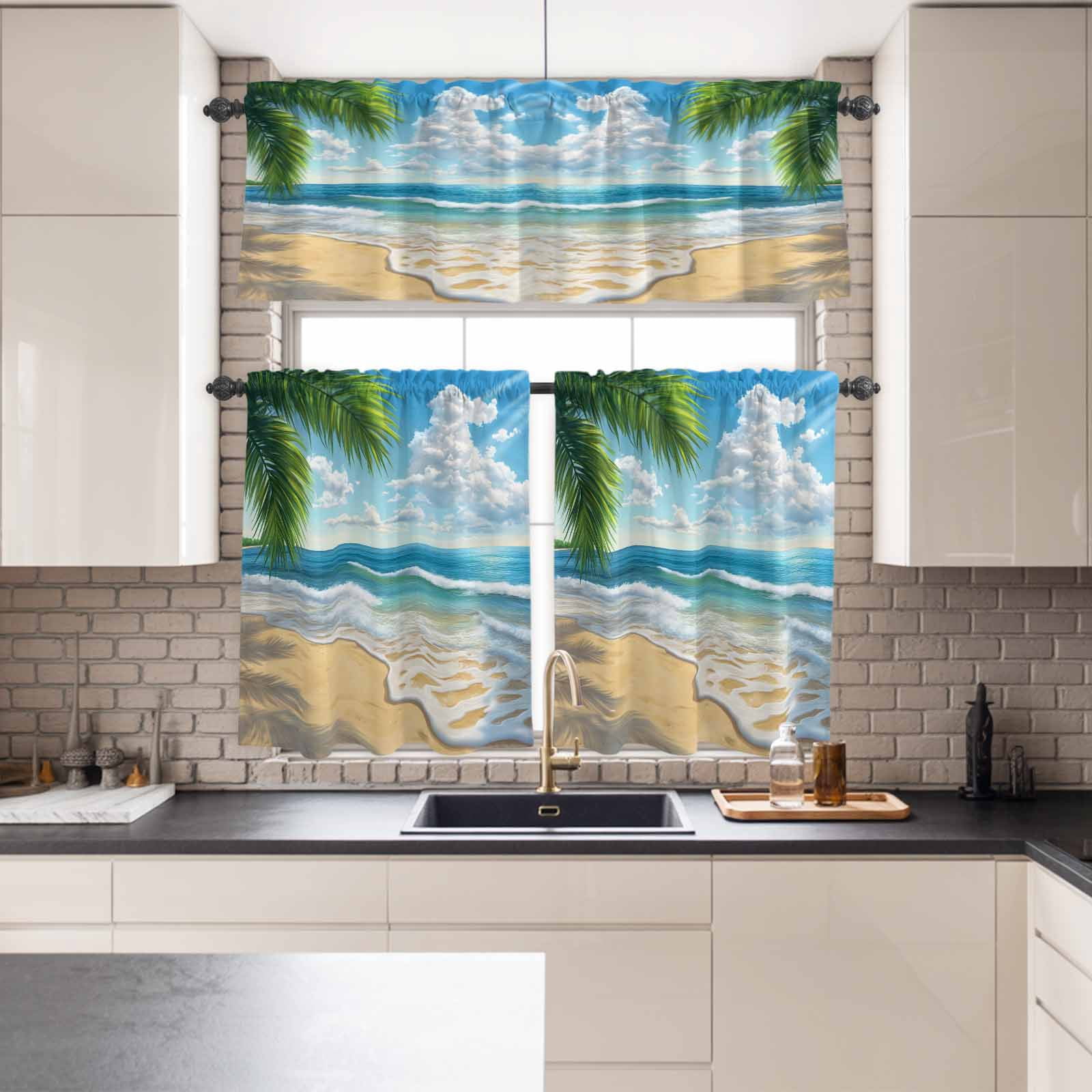Kitchen Window Curtains Valance and Tier Set, Summer Beach Blue ...