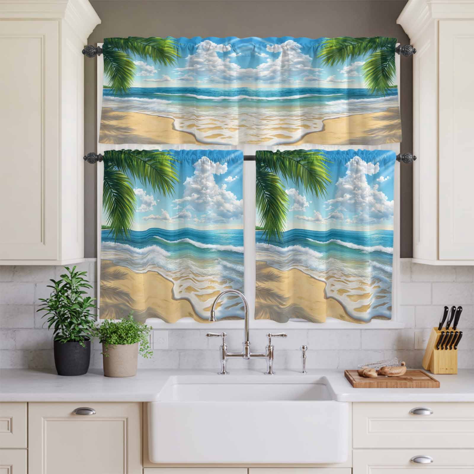 Kitchen Window Curtains Valance and Tier Set, Summer Beach Blue ...