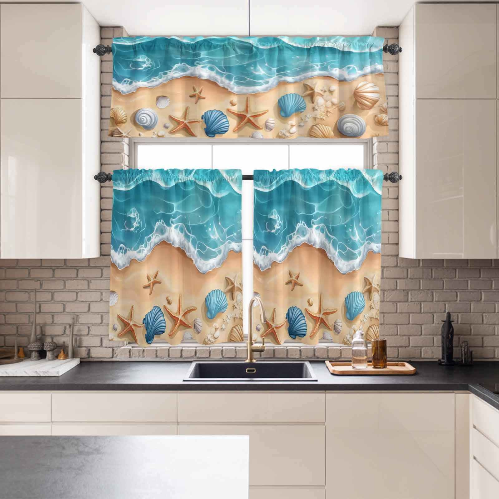 Kitchen Window Curtains Valance and Tier Set, Summer Beach Shell ...