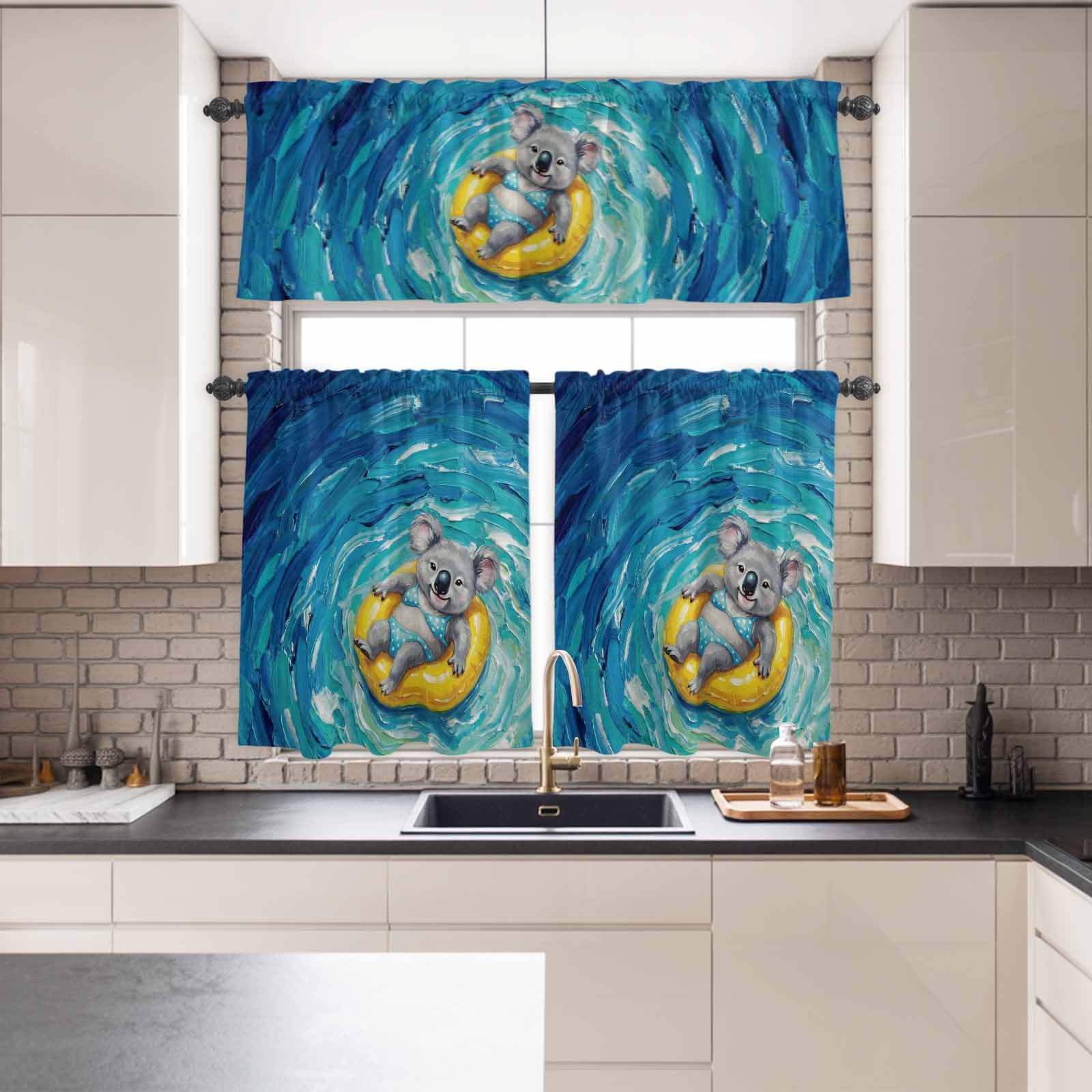 Kitchen Window Curtains Valance and Tier Set, Summer Koala on Swimming ...