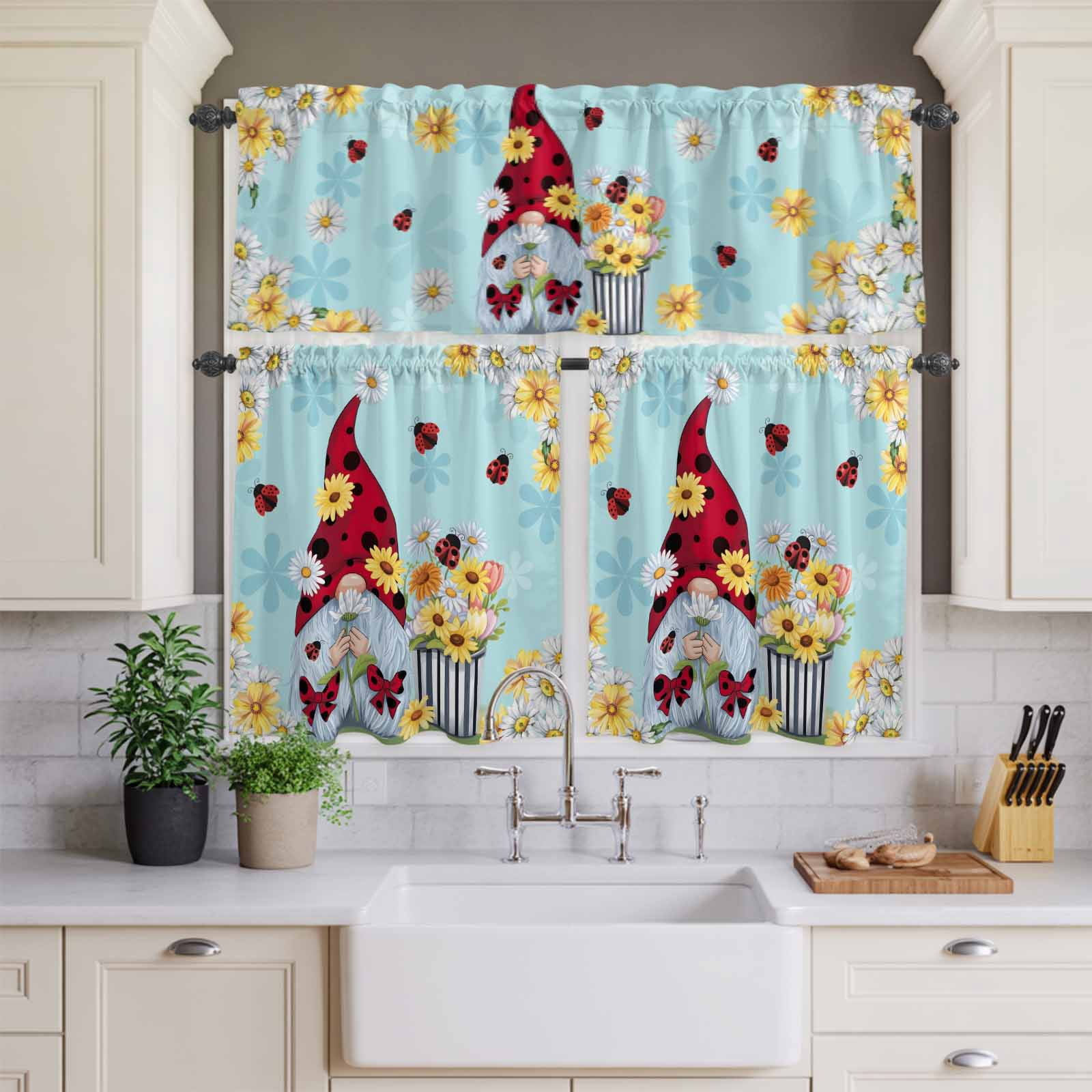 Kitchen Window Curtains Valance and Tier Set, Summer Ladybug Gnome ...