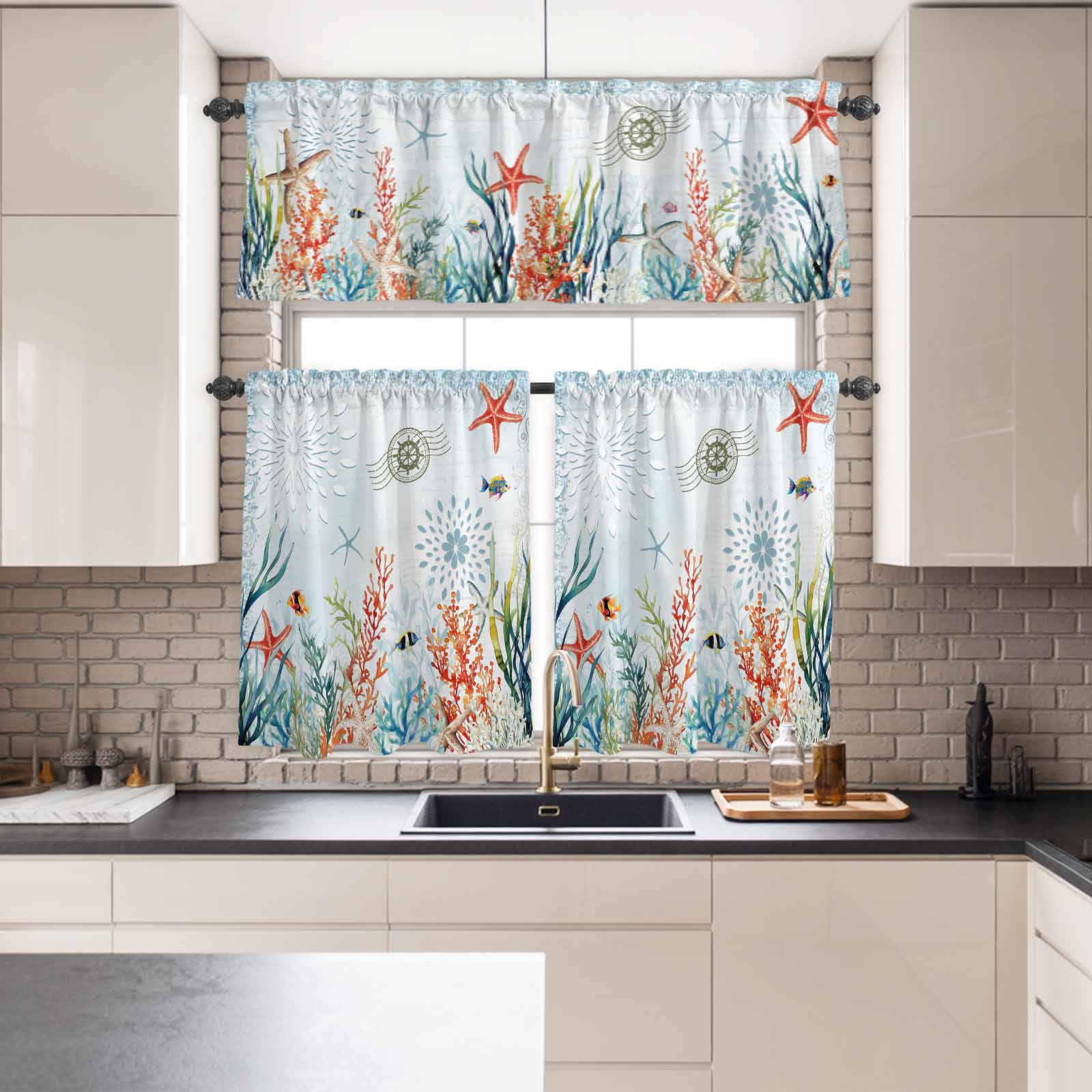 Kitchen Window Curtains Valance and Tier Set, Summer Ocean Coral ...