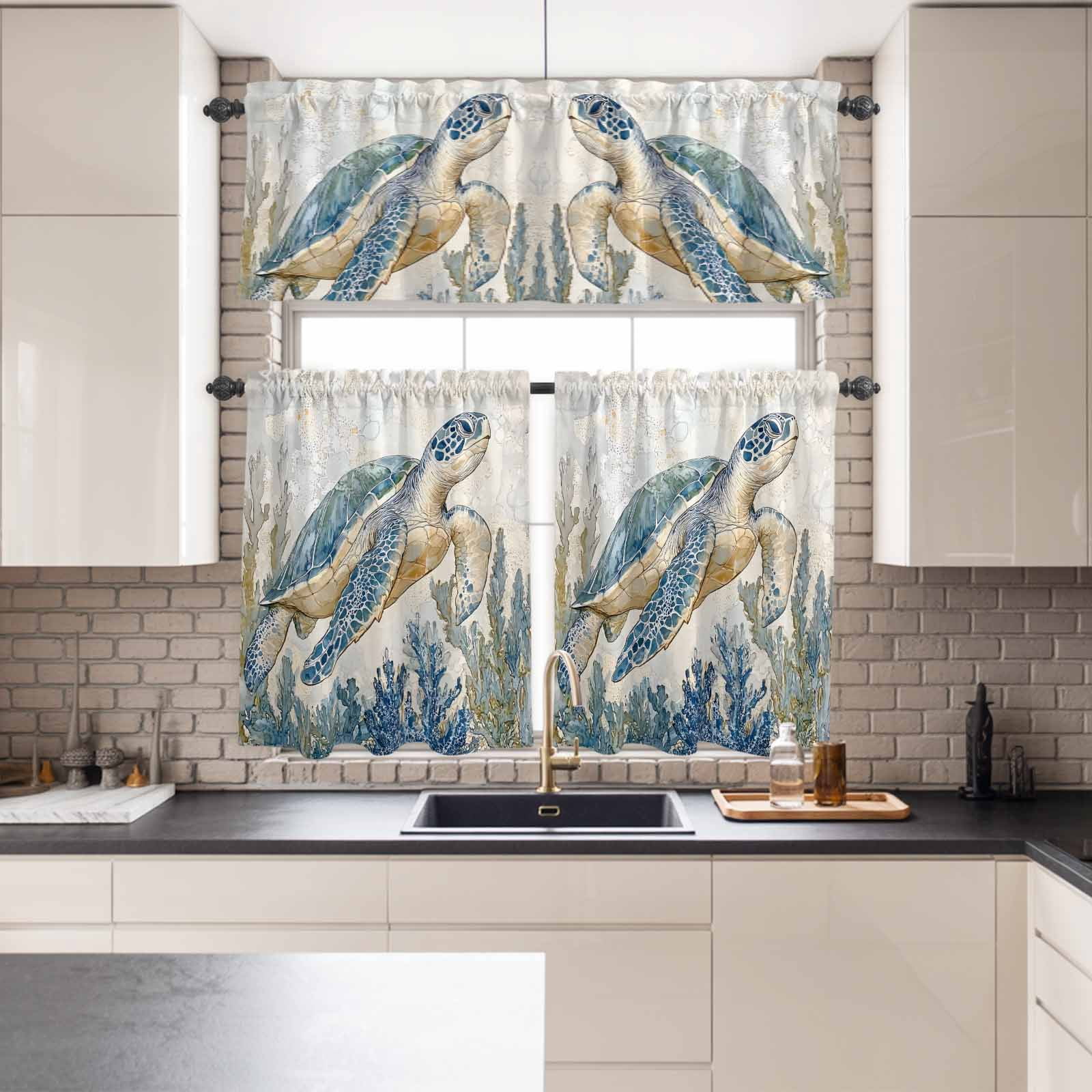 Kitchen Window Curtains Valance and Tier Set, Summer Sea Turtle Ocean ...