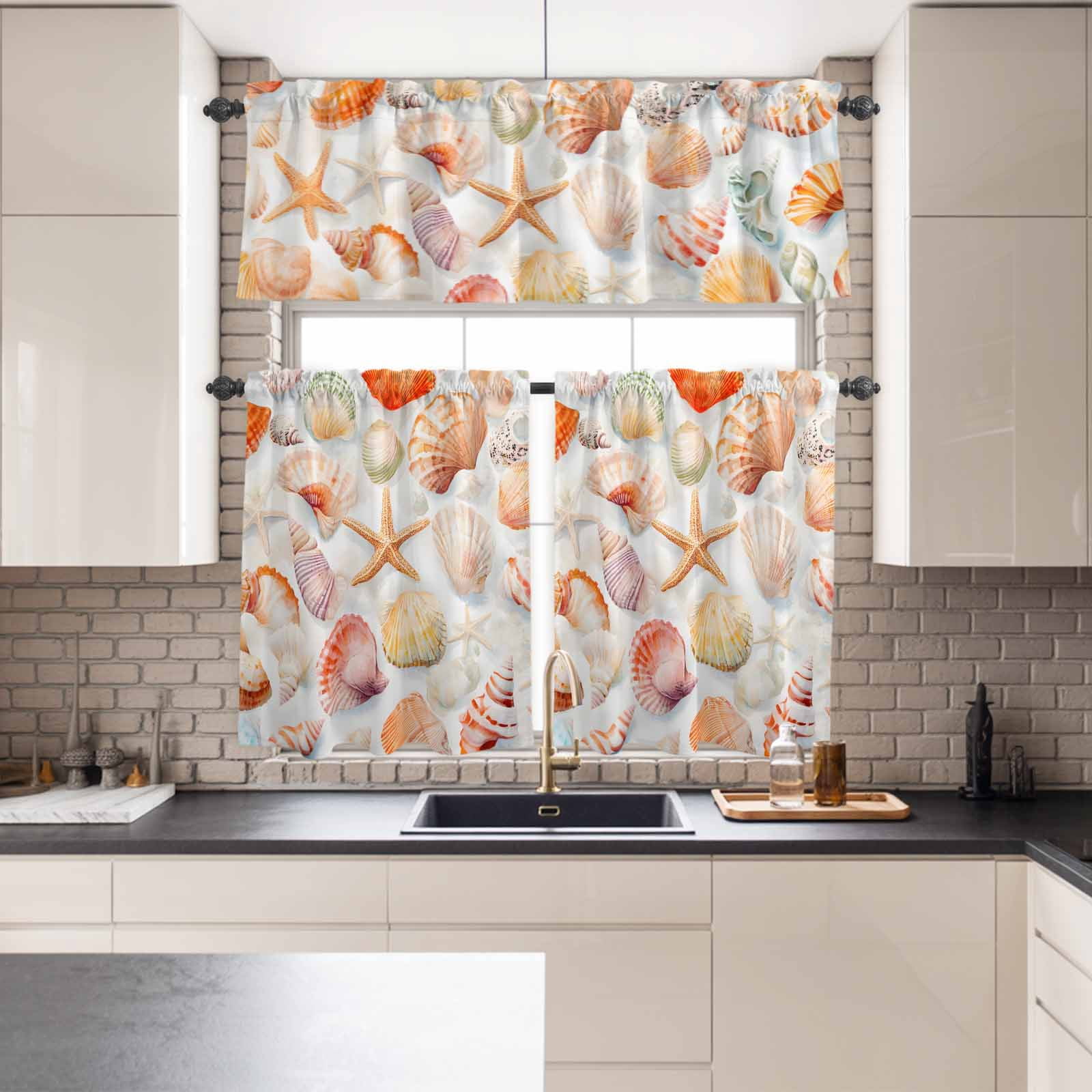 Kitchen Window Curtains Valance and Tier Set, Summer Seaside Shell ...