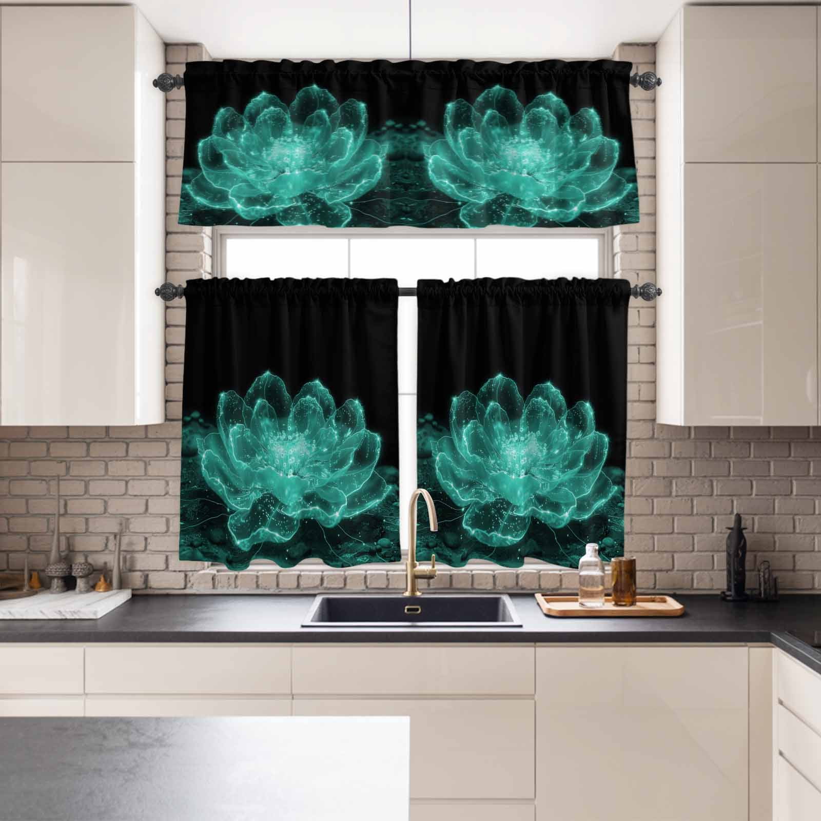 Kitchen Window Curtains Valance and Tier Set, Teal Watercolor ...