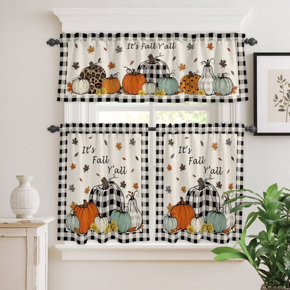 Kitchen Window Curtains Valance and Tier Set, Thanksgiving Pumpkin ...