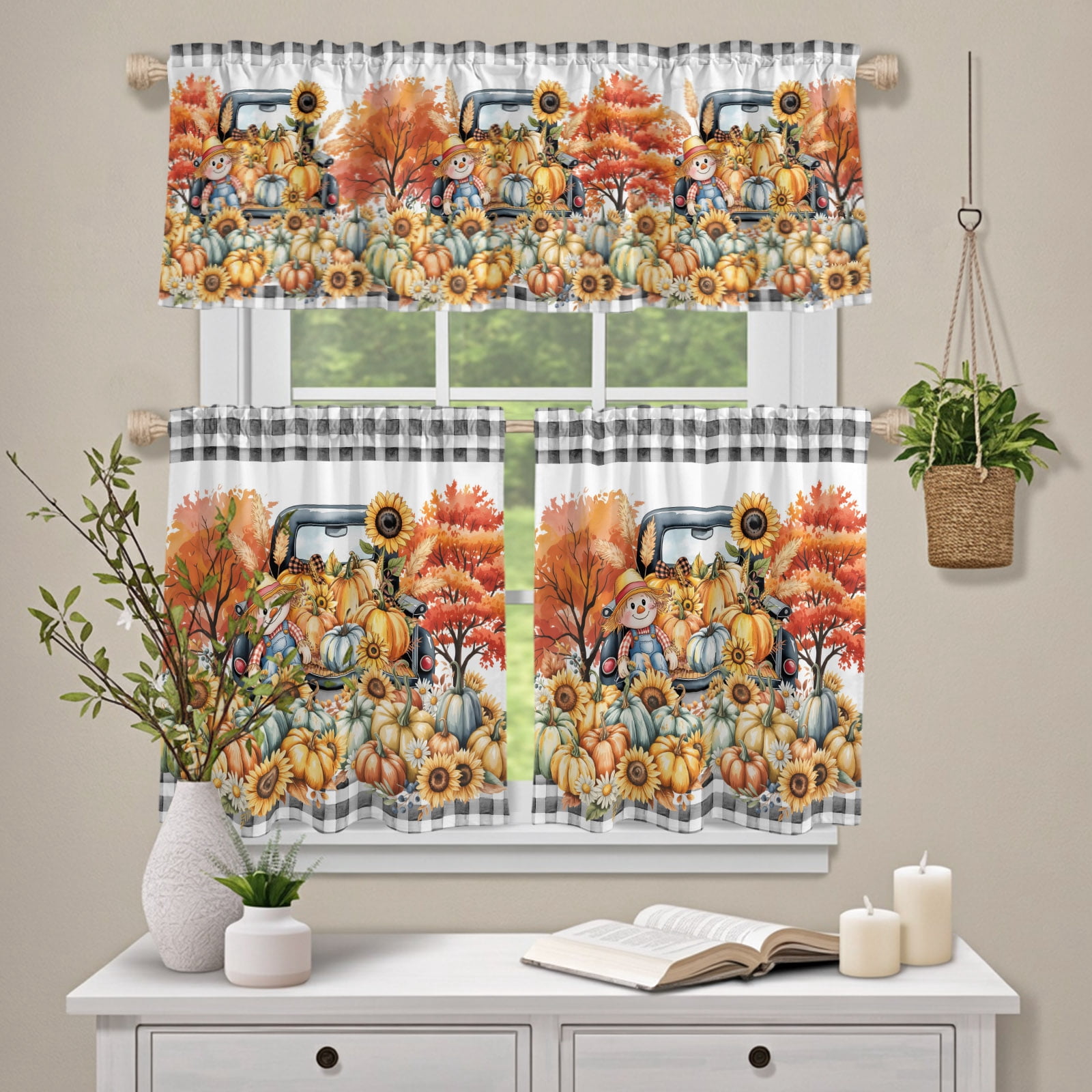 Kitchen Window Curtains Valance and Tier Set, Thanksgiving Pumpkin ...