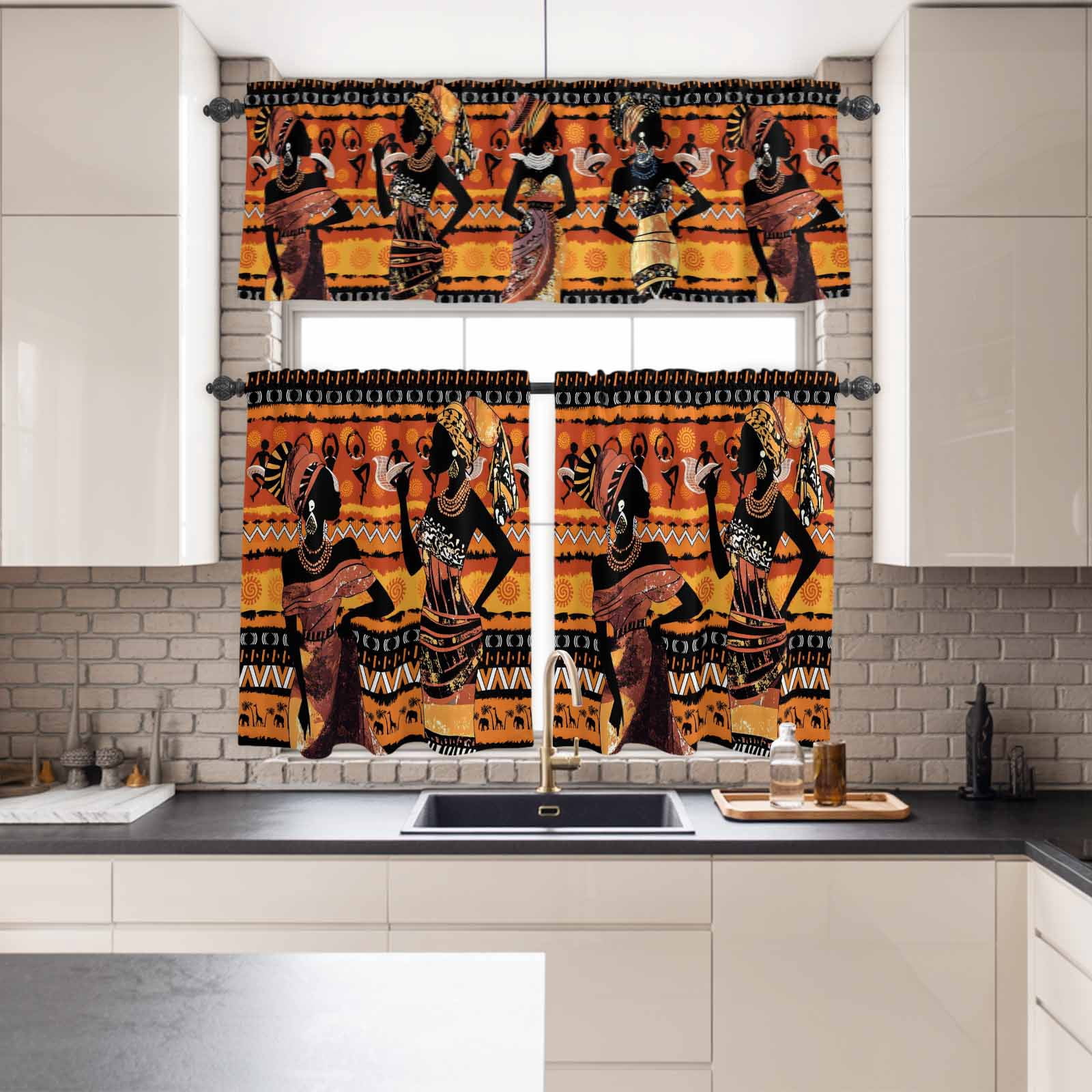 Kitchen Window Curtains Valance and Tier Set, Tradition African Women ...