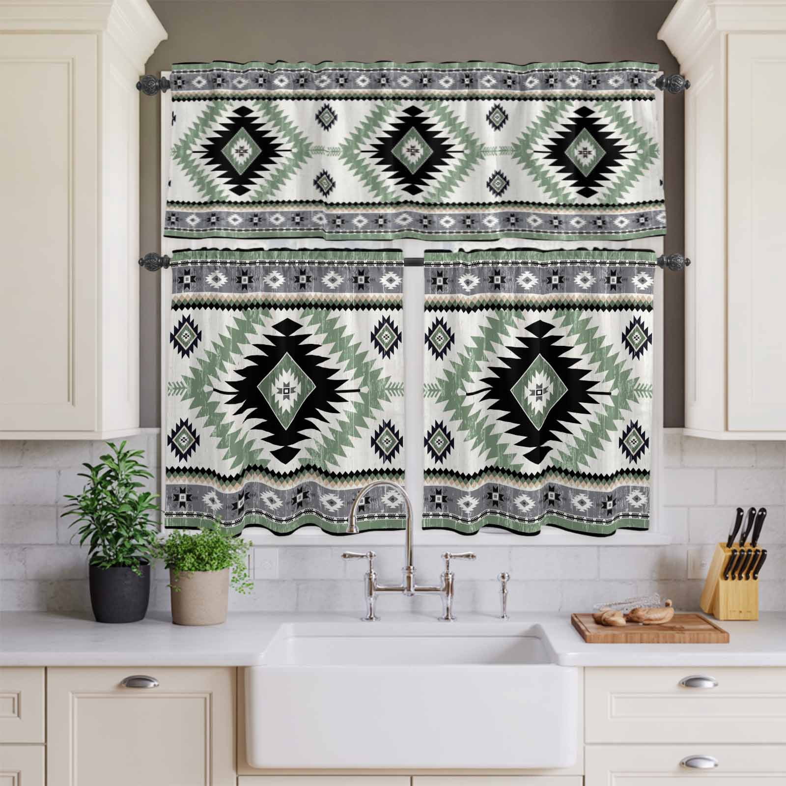 Kitchen Window Curtains Valance and Tier Set, Vintage Aztec Sage Green ...