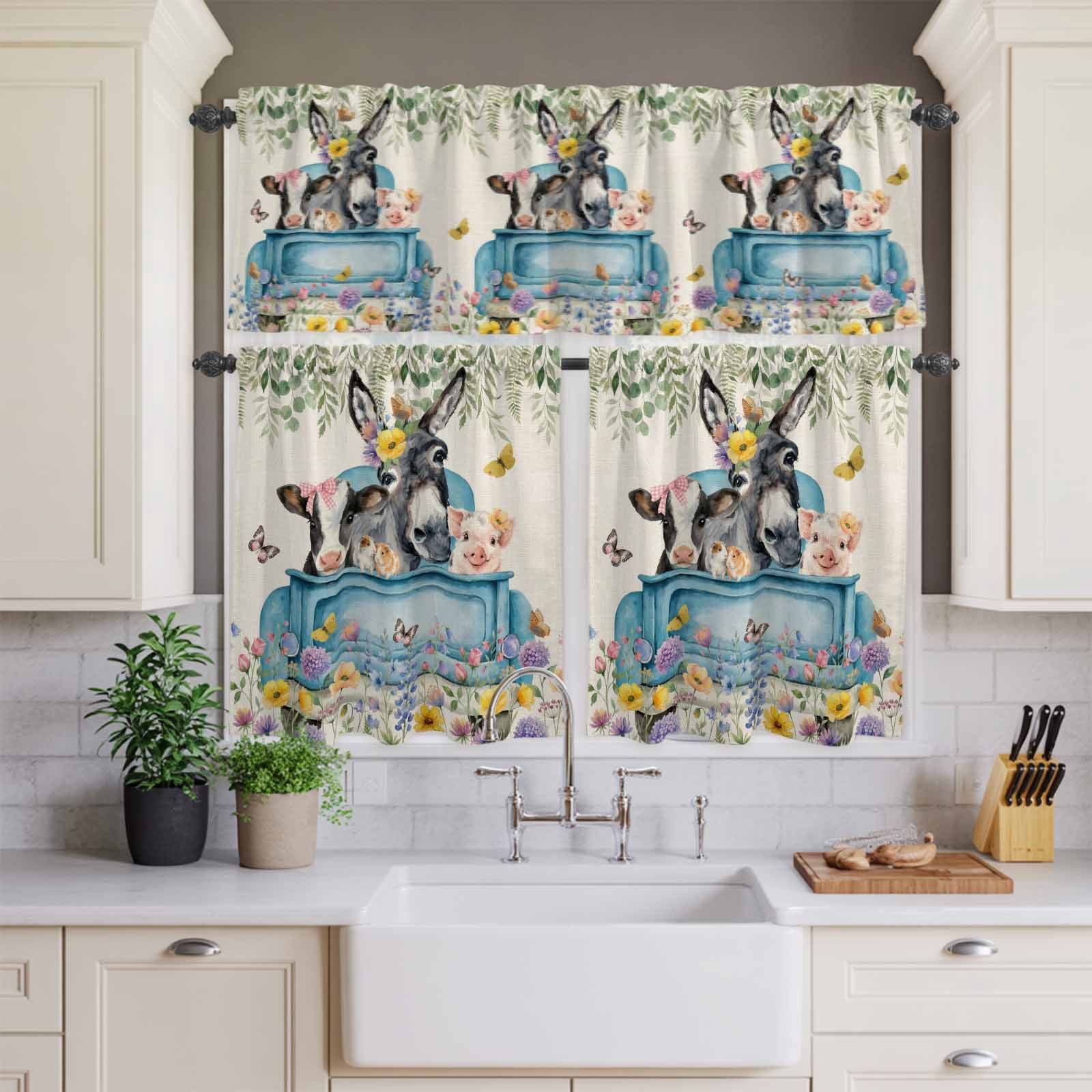 Kitchen Window Curtains Valance and Tier Set, Vintage Farm Donkeys Pigs ...