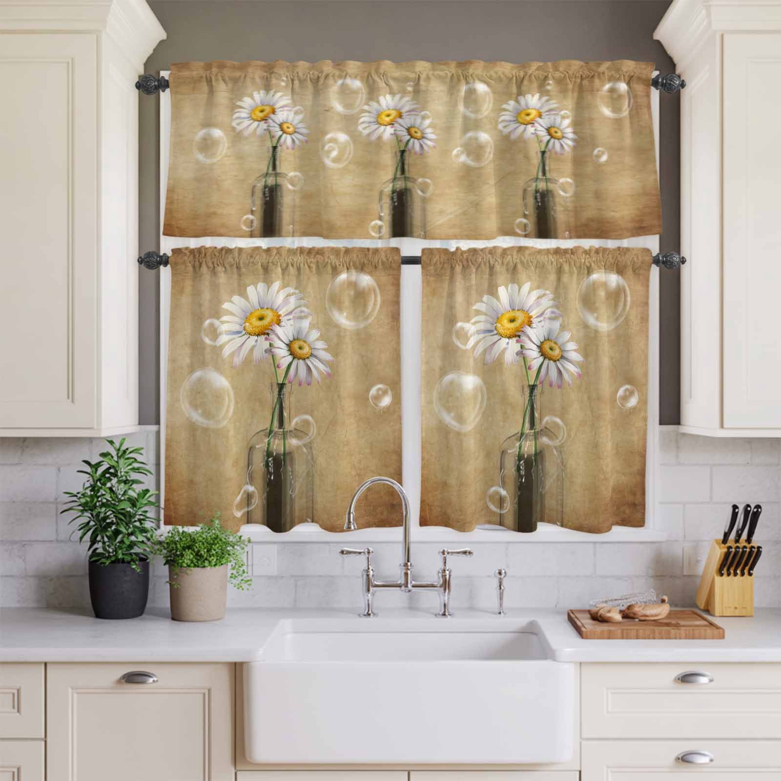 Kitchen Window Curtains Valance and Tier Set, Watercolor Daisy Flower ...