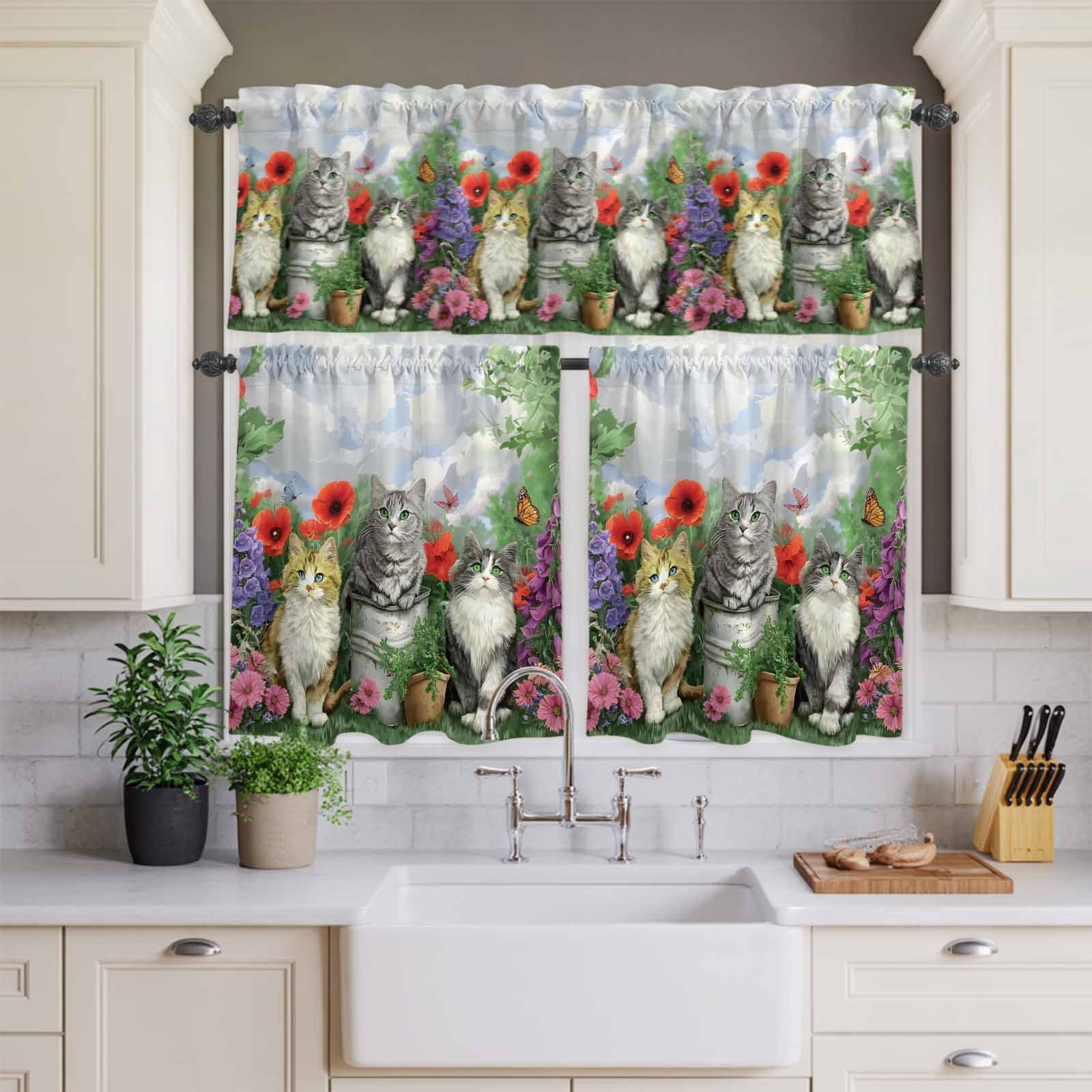 Kitchen Window Curtains Valance and Tier Set, Watercolor Flower Cute ...