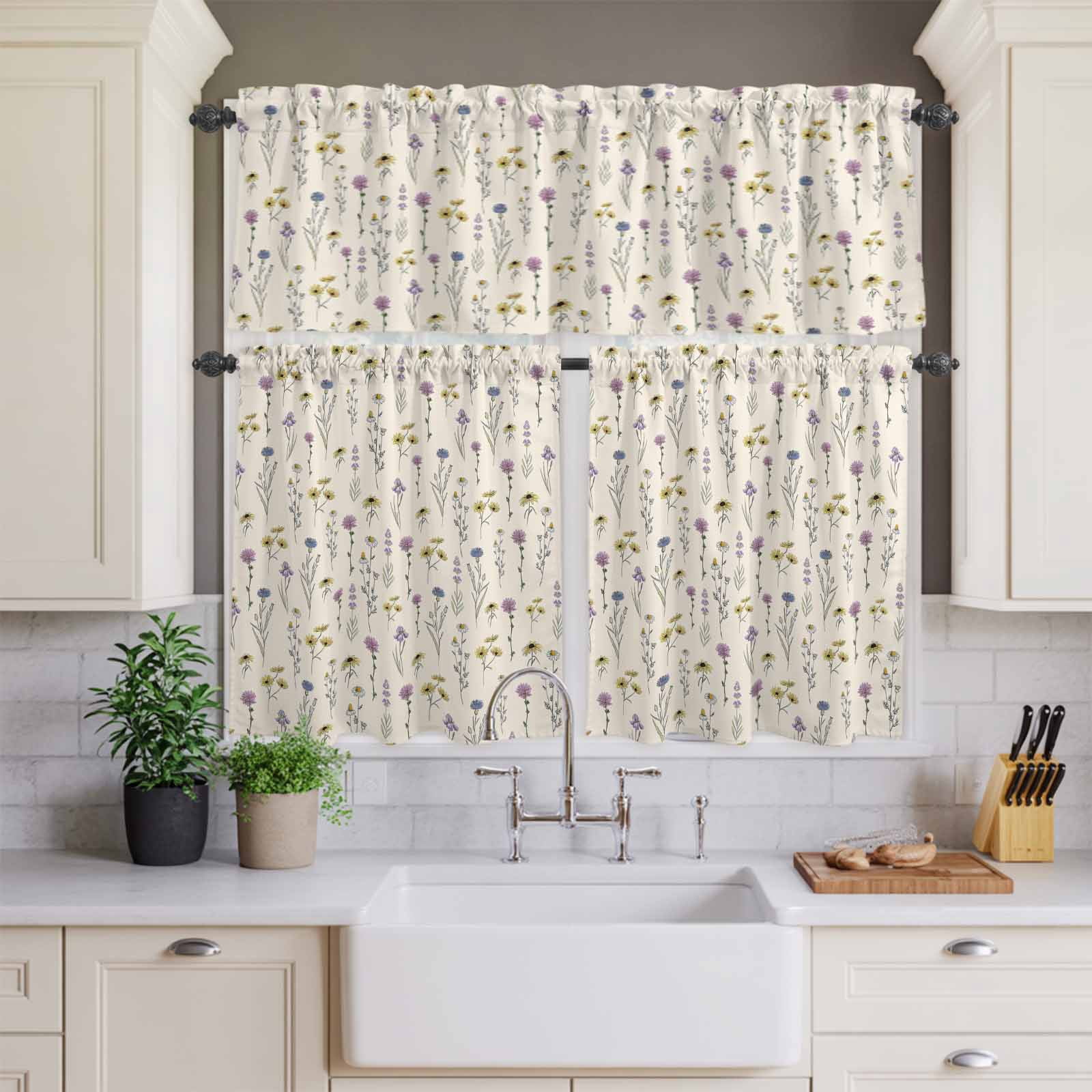 Kitchen Window Curtains Valance and Tier Set, Watercolor Flower on ...