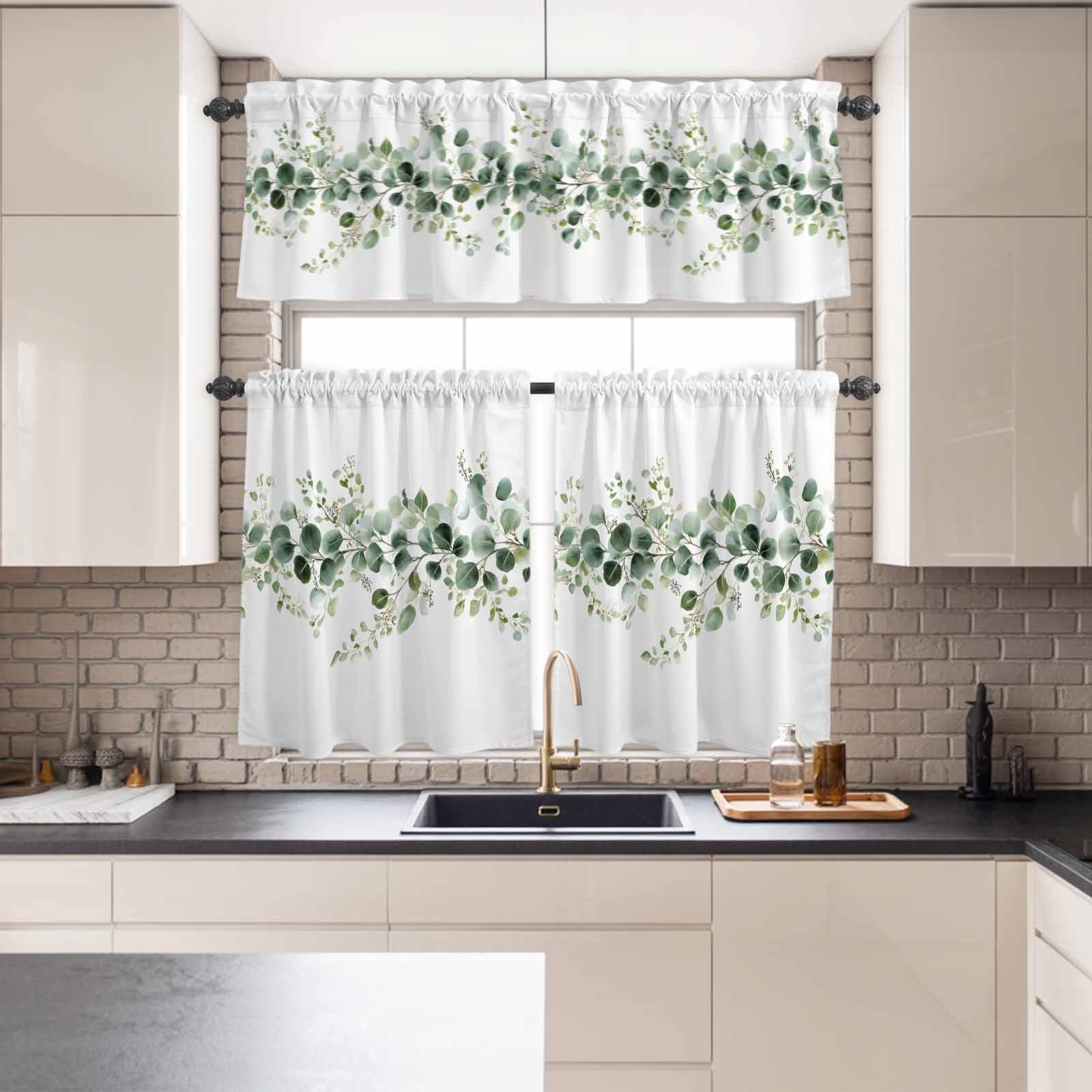 Kitchen Window Curtains Valance and Tier Set, Watercolor Green ...