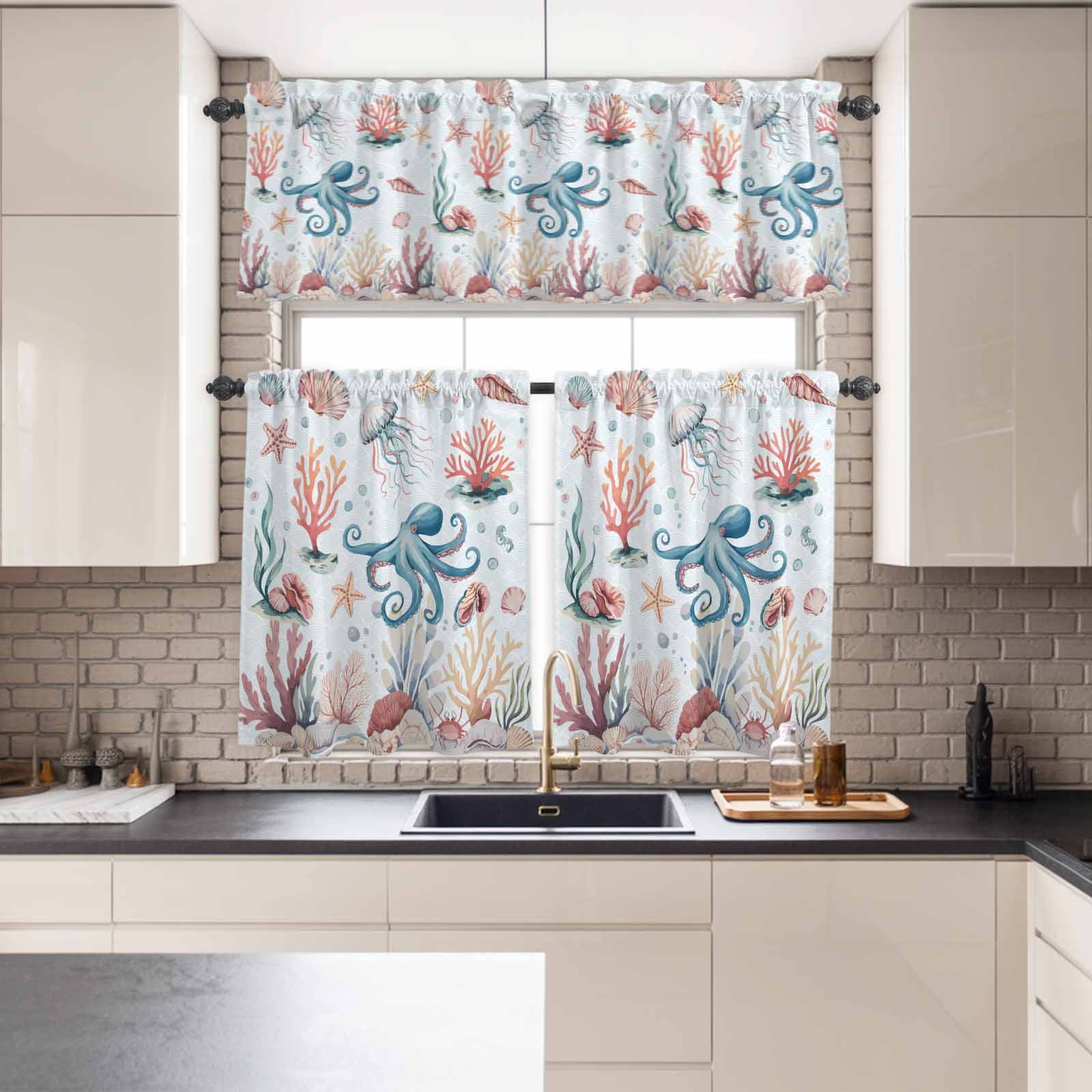 Kitchen Window Curtains Valance and Tier Set, Watercolor Oxygen Coral ...