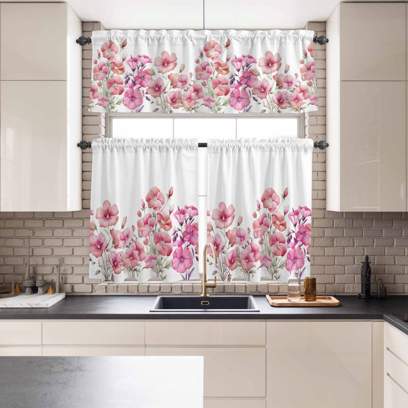 Kitchen Window Curtains Valance and Tier Set, Watercolor Pink Blossom ...