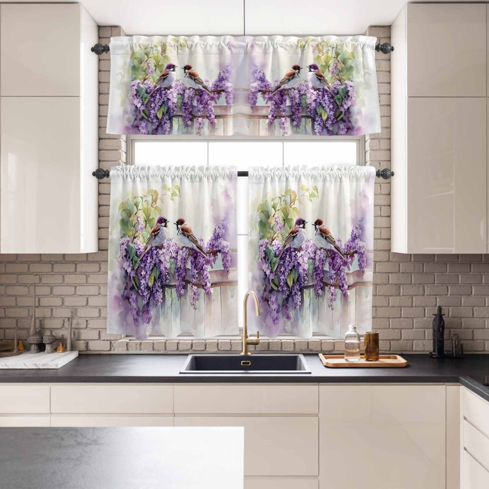 Kitchen Window Curtains Valance and Tier Set, Watercolor Sparrow Bird ...