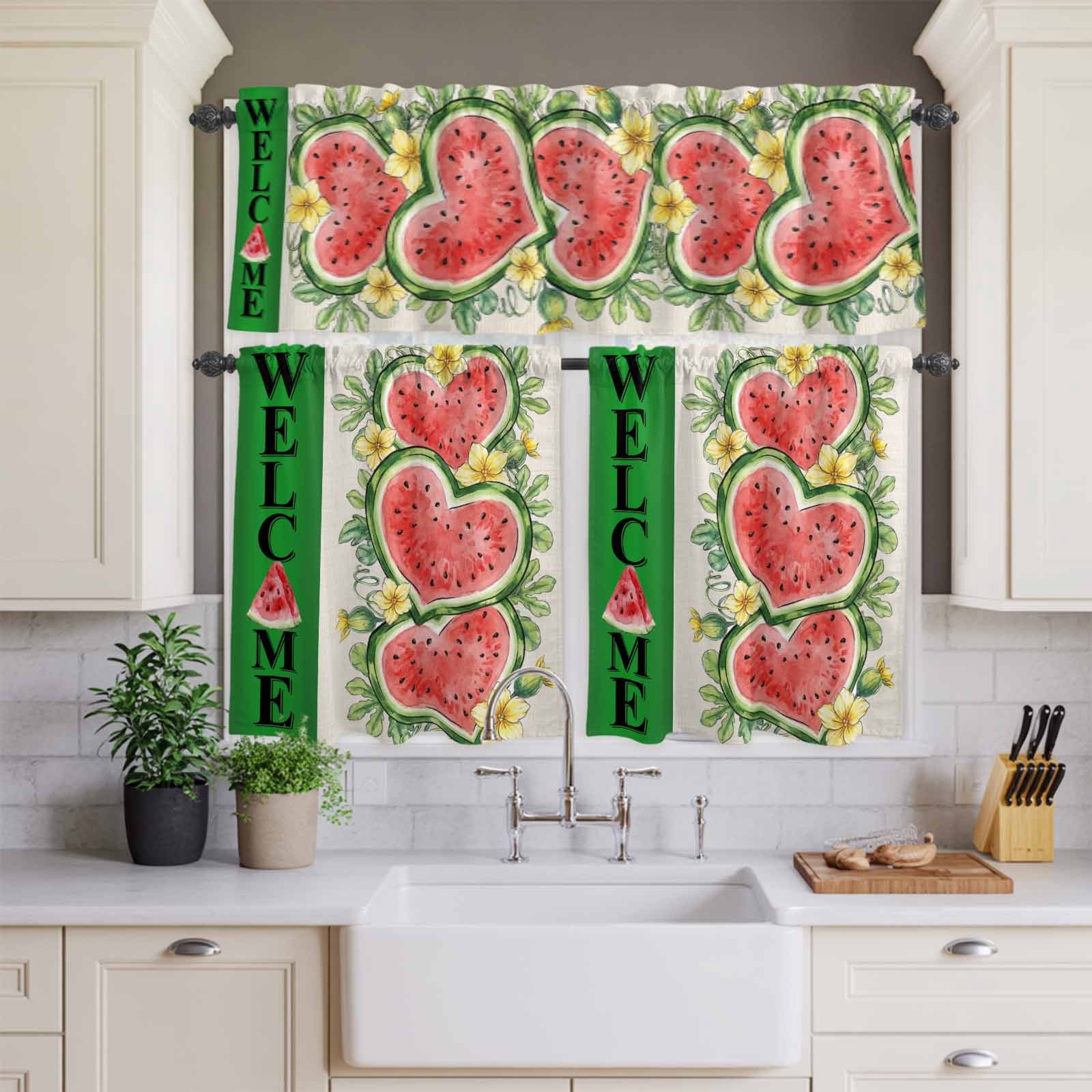 Kitchen Window Curtains Valance and Tier Set, Welcome Words Summer ...