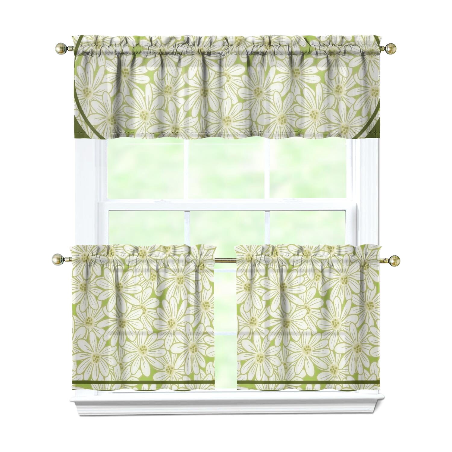 Kitchen Window Curtains over Sink Green Daisy 24 Inch 3 Pieces Set ...