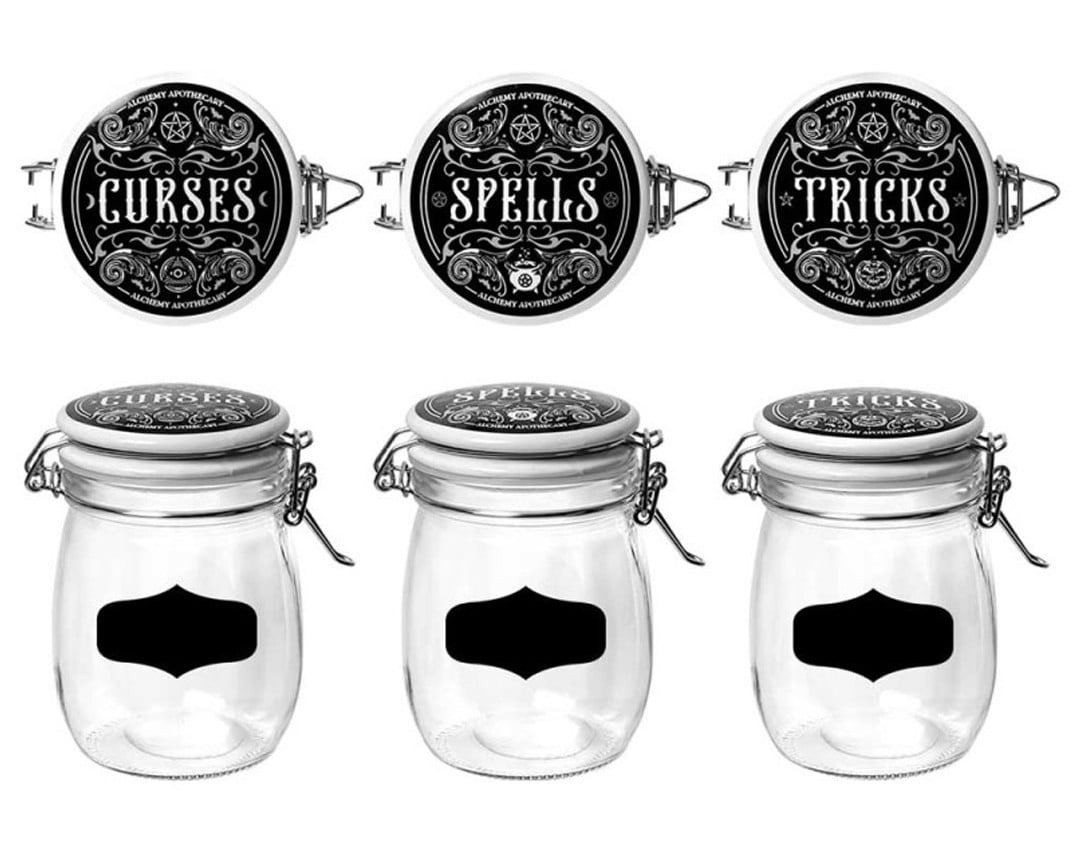 Kitchen Witch Alchemy Apothecary Curses Spells Tricks 6" H Glass Jars 3 ...