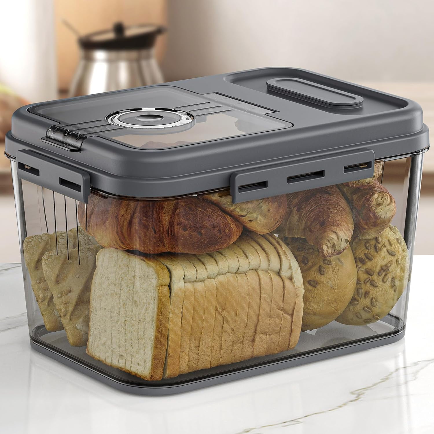 Kitchen countertop bread box, sealed bread storage container, time ...
