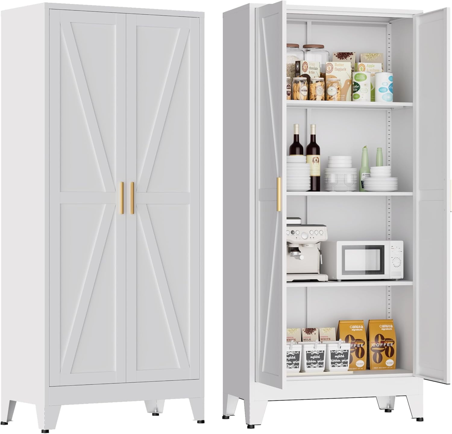 Kitchen pantry cabinet, metal storage cabinet with doors and adjustable shelves, farmhouse tall ...