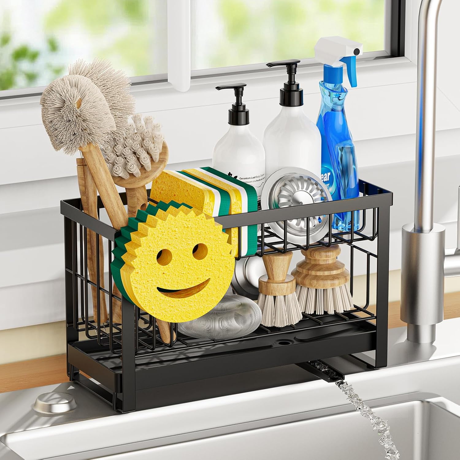 Kitchen sink sponge holder, smiley face sink rack with detachable brush ...