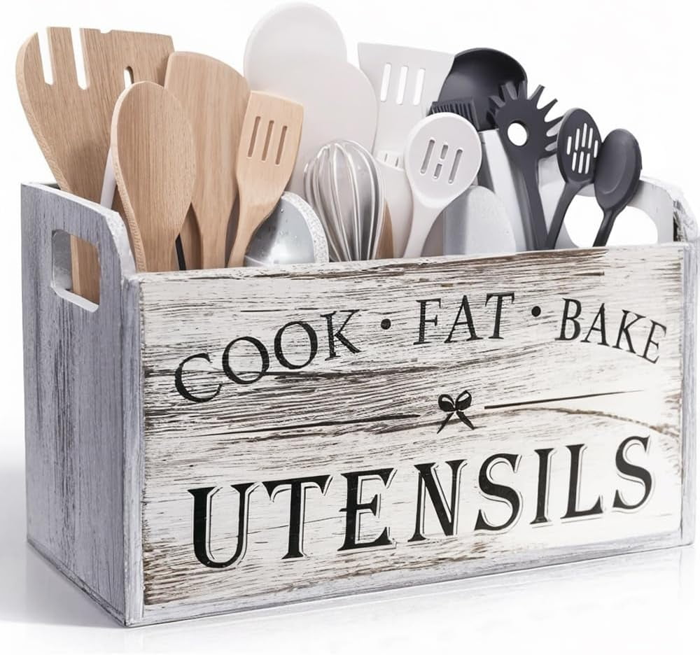 Kitchen utensil rack with 3 compartments, wooden utensil organizer for ...