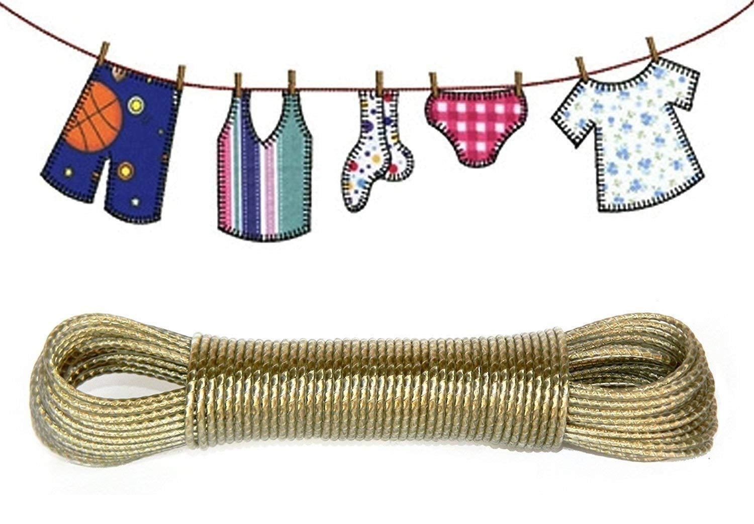 KitchenFest 20 Meter PVC Coated Steel AntiRust Wire Rope Washing Line Clothesline with 2 Plastic ...