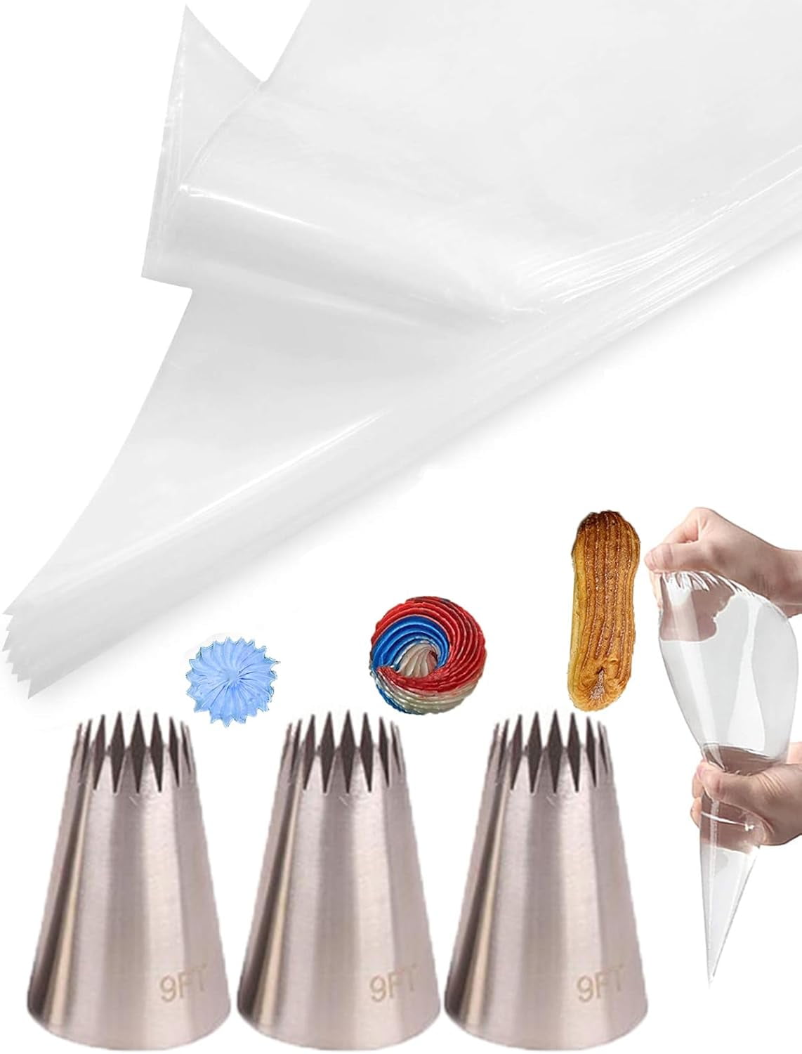KitchenKey Churro Piping Tips and Bags Set,Extra Large Piping Tips 9FT ...