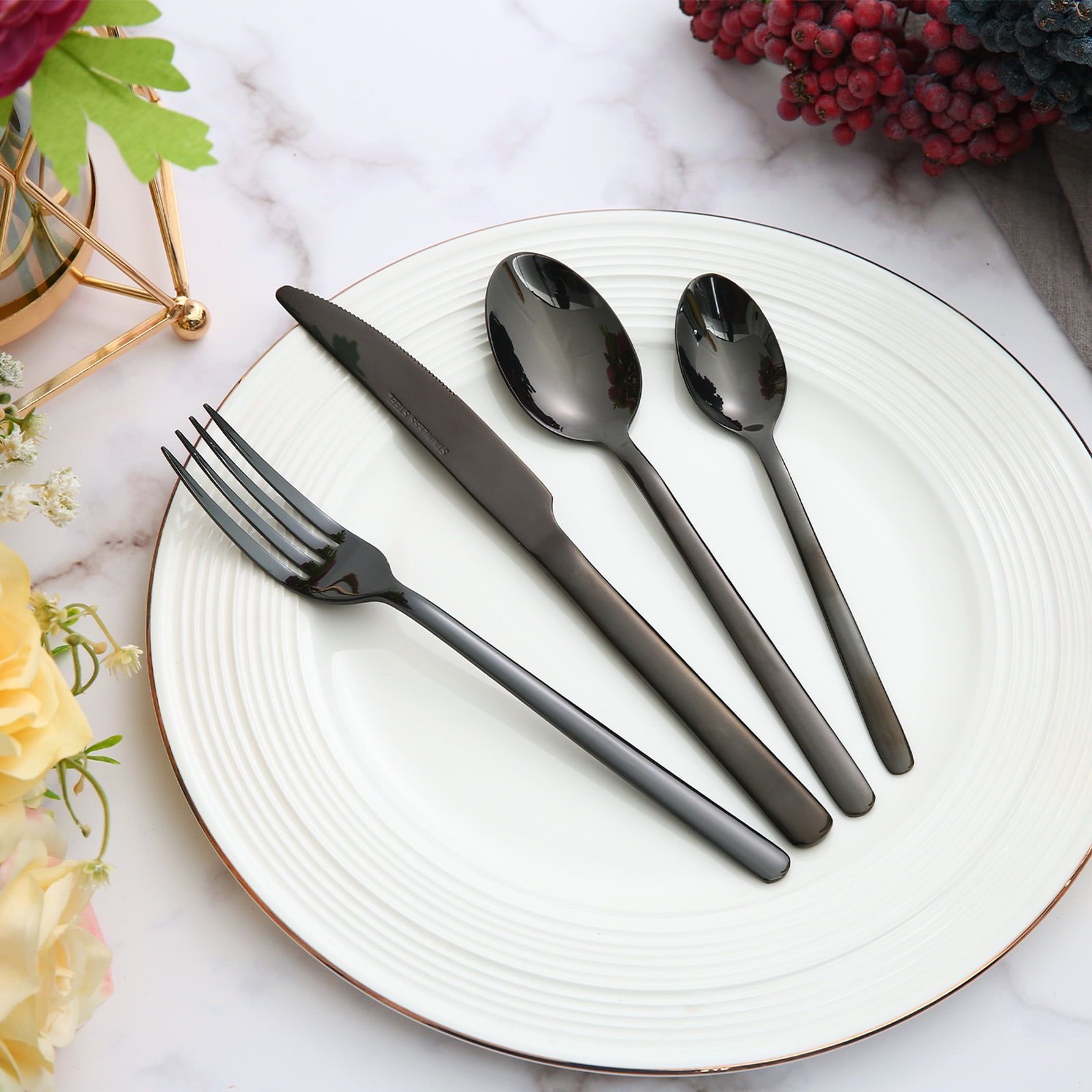 KitchenTrend Elysian 24 Piece Black Stainless Steel Flatware Set ...