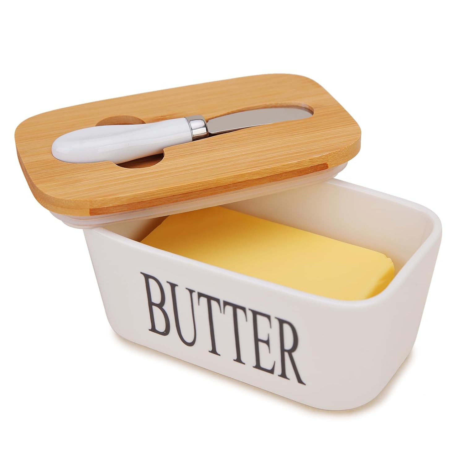 Kitchenexus Ceramic Butter Keeper with Bamboo Lid Steel Knife Porcelain ...