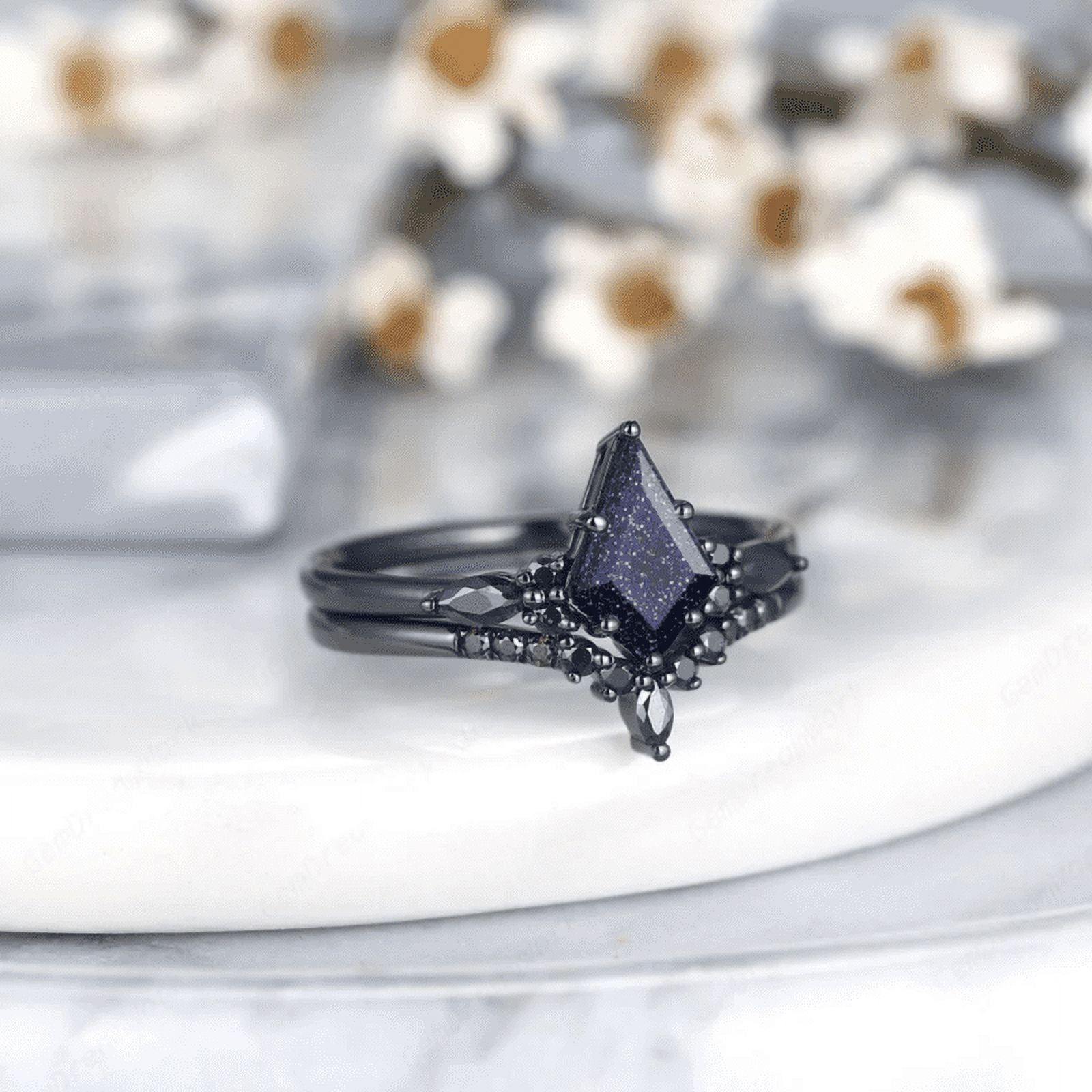 Kite Cut Blue Sandstone Engagement Ring Set - Bridal Wedding Ring Set ...