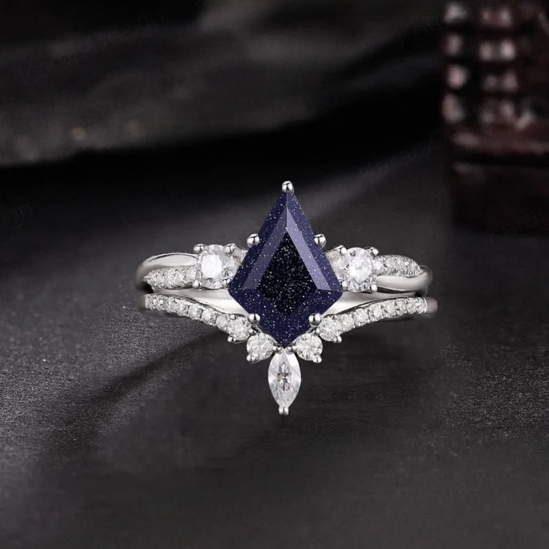 Kite Cut Blue Sandstone Engagement Ring Set in 925 Sterling Silver ...