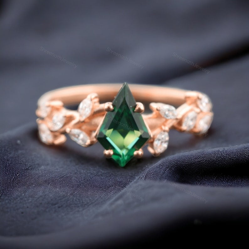 Kite Cut Emerald Promise Ring Diamond Leaf Bridal Ring Nature Inspired ...