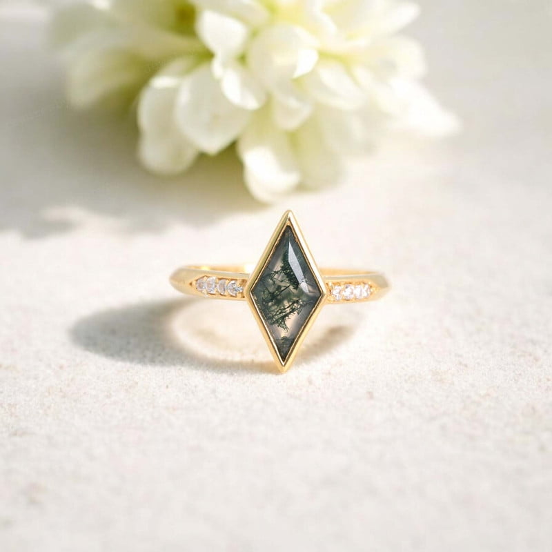 Kite Cut Moss Agate Ring Delicate Yellow Gold Engagement Ring Diamond ...