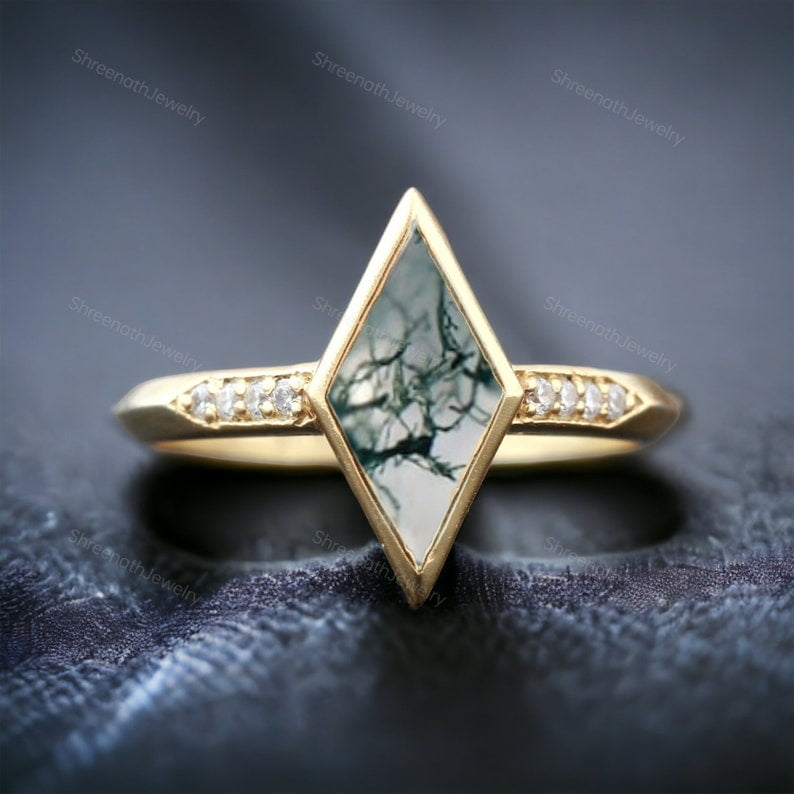 Kite Cut Moss Agate Statement Ring 14k Yellow Gold Bridal Jewelry Art ...