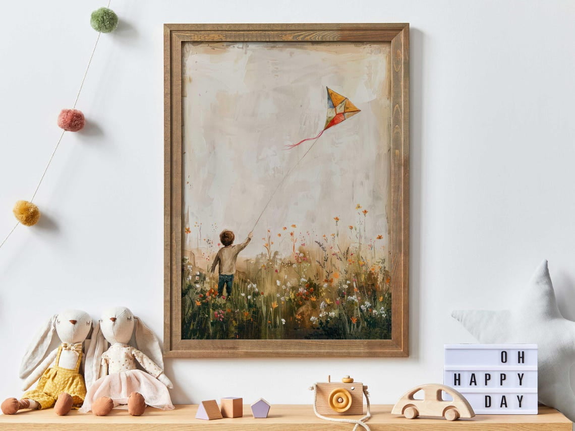 Kite Nursery Wall Art, Boy Flying Kite Painting, Boy Adventure Wall Art ...