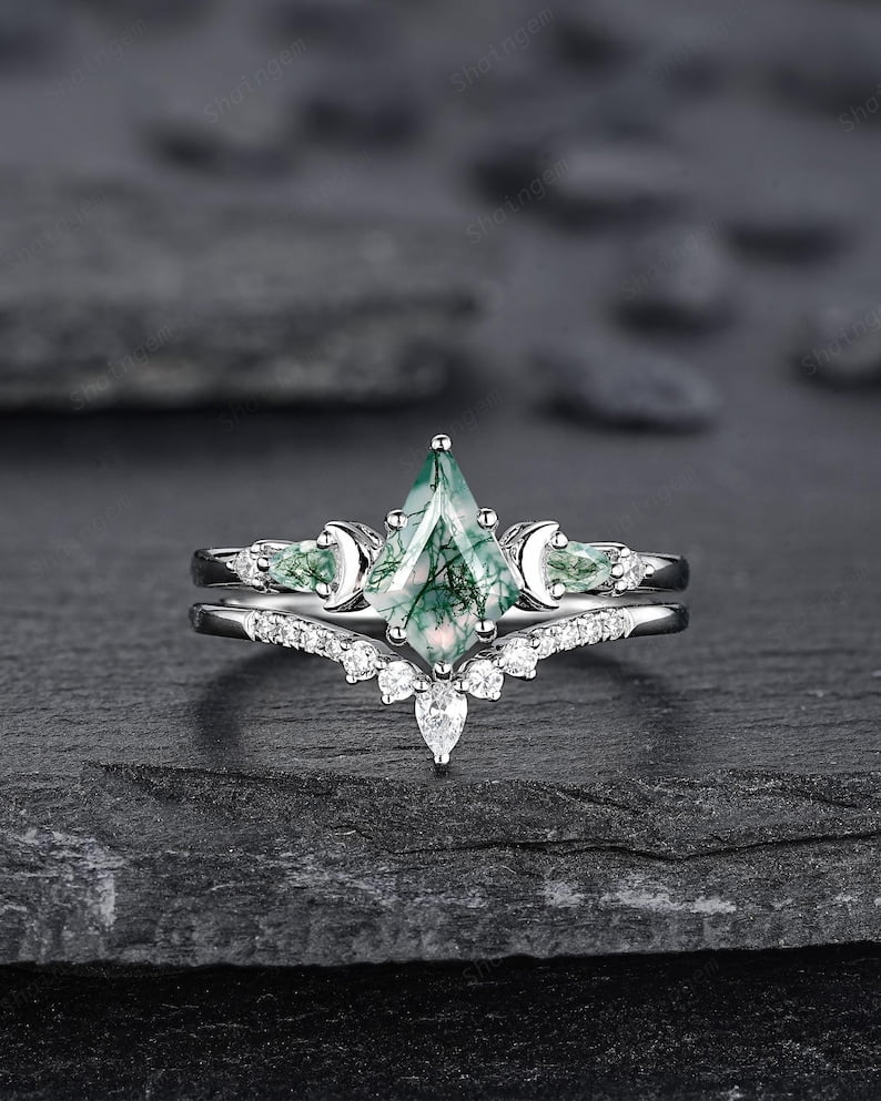 Kite Shape Moss Agate Crescent Engagement Ring Set, Nature Inspired ...