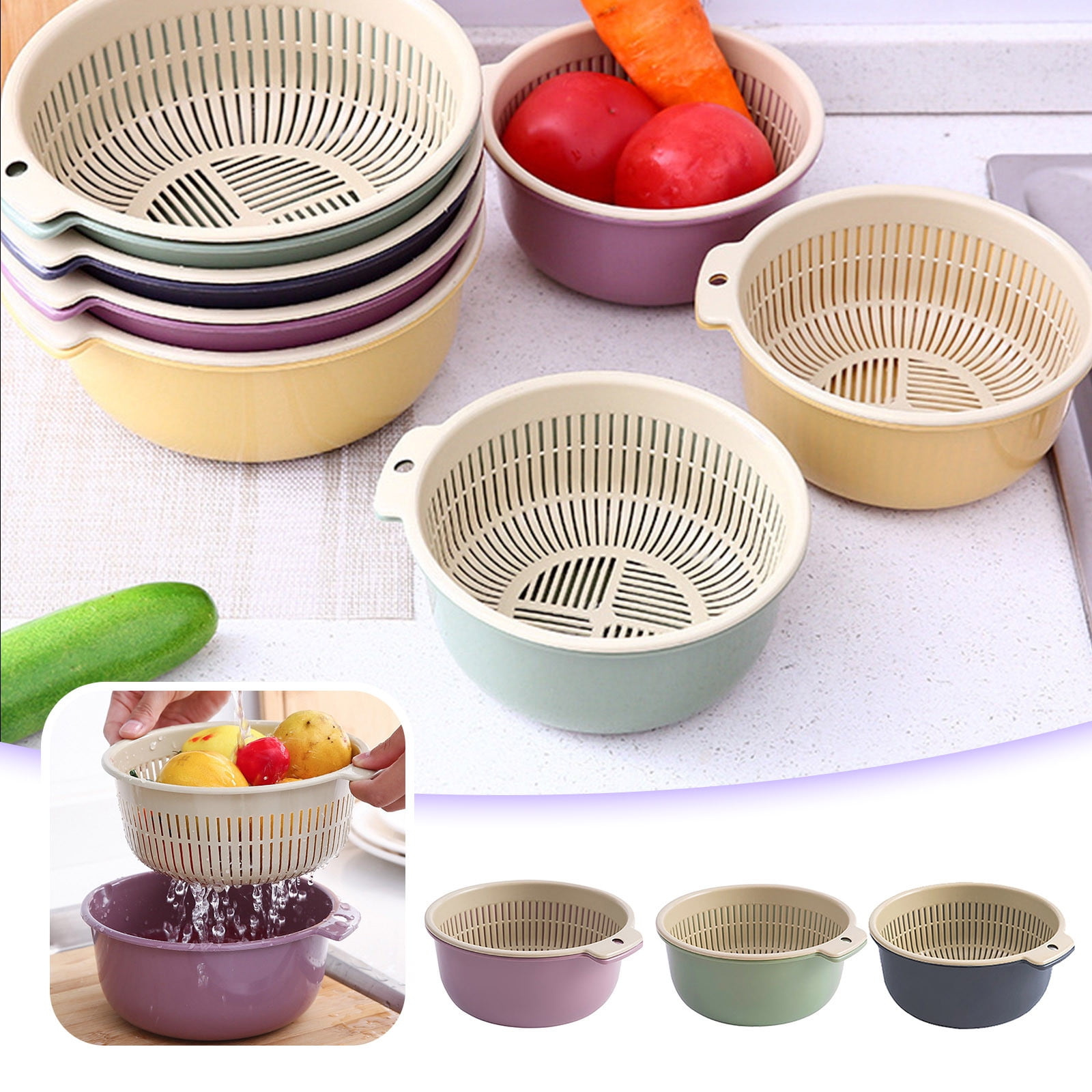 Kitecy Vegetable Drain Basket Kitchen Double Layer Drain Basket ...