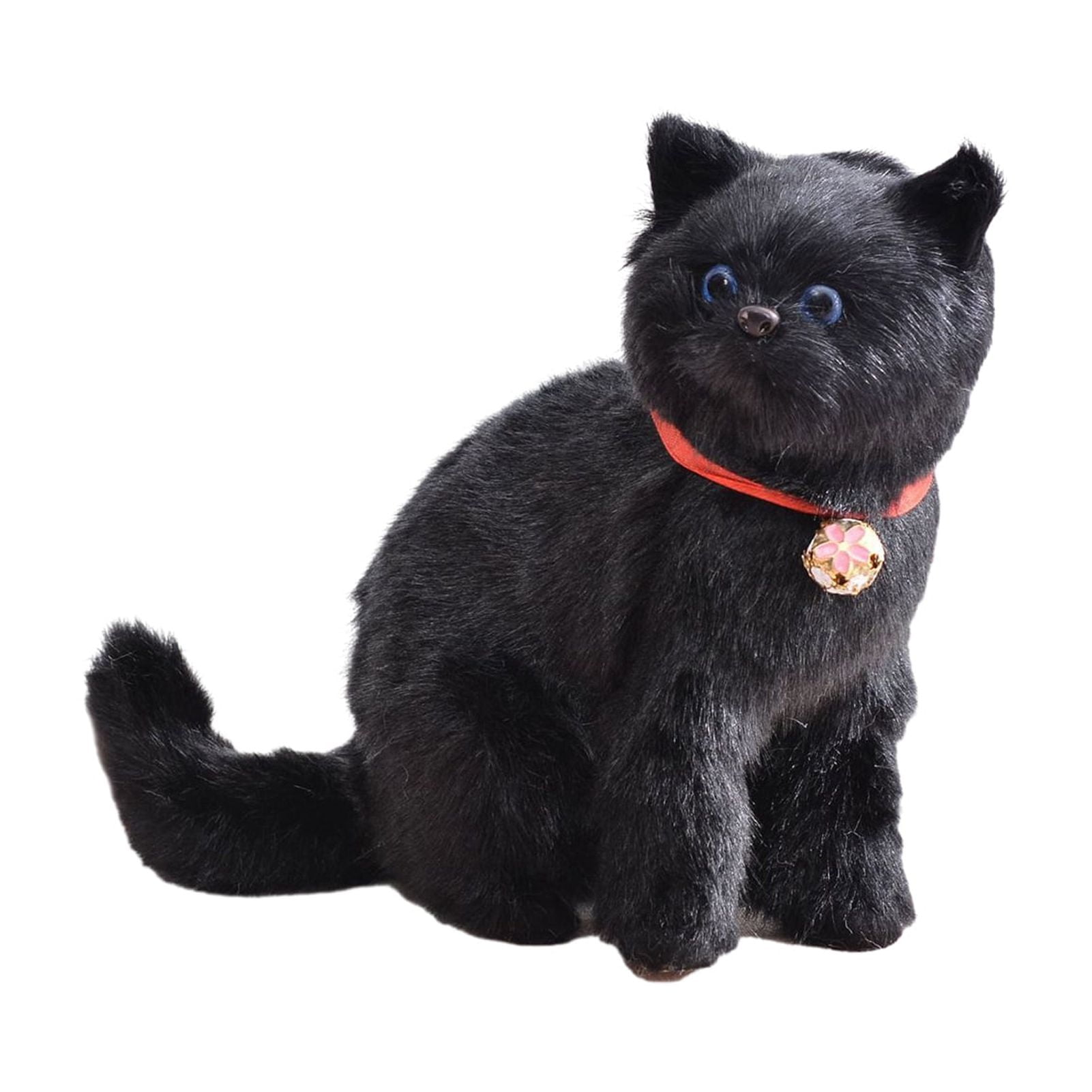 Kitem Realistic Sitting Cat Plush Toy with Collar Soft Fluffy PP Cotton ...