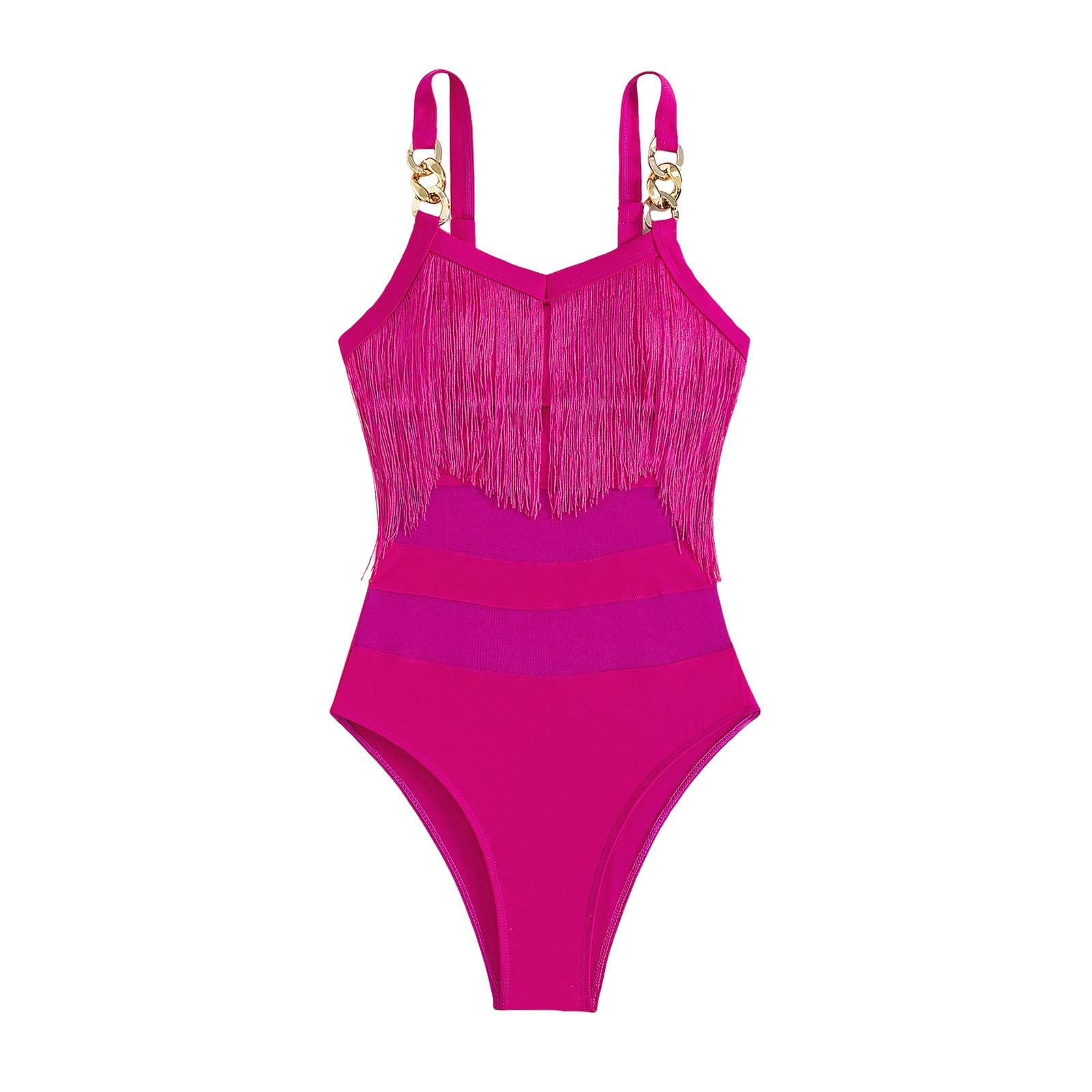 Kitem Women Sexy Monokini Sling Sleeveless Tassel Decor Swimsuit Mesh ...