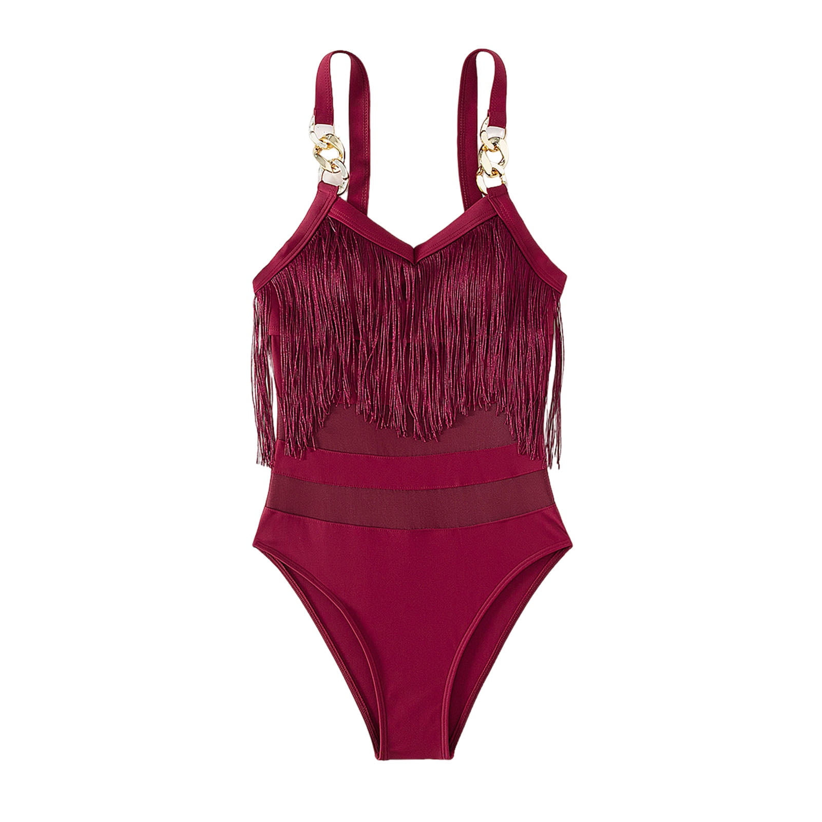 Kitem Women Sexy Monokini Sling Sleeveless Tassel Decor Swimsuit Mesh ...