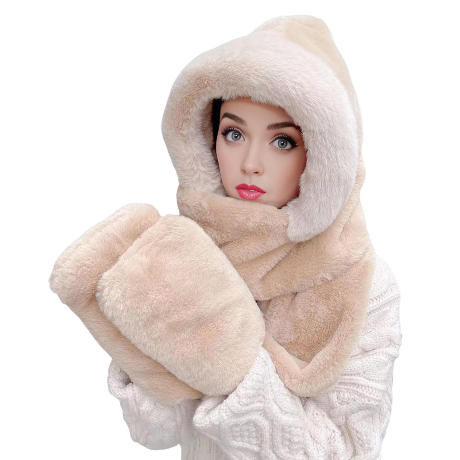 Kitem Women Winter Hat with Integrated Scarf And Gloves Thick Warm Faux ...
