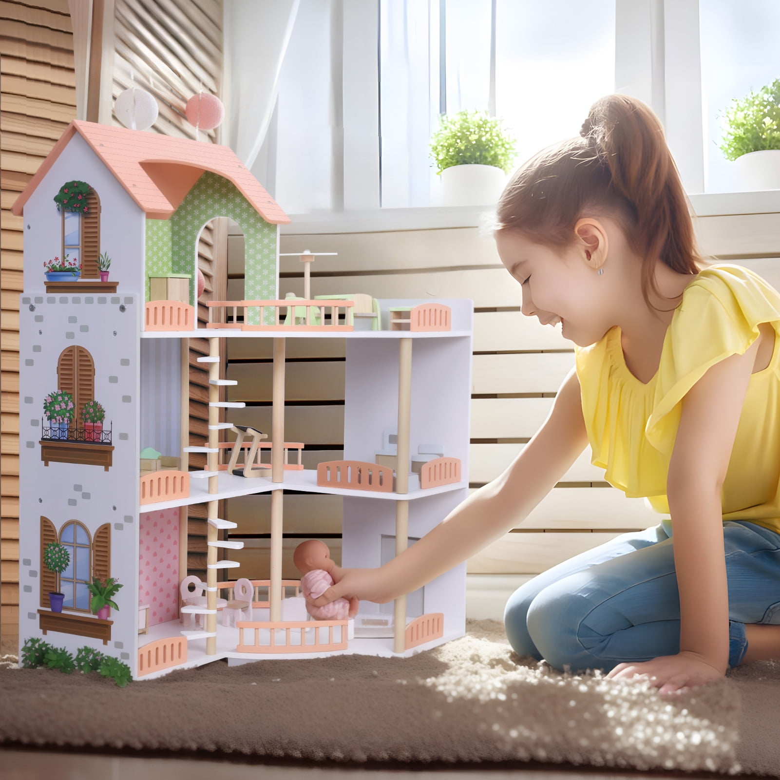 Kitem Wooden Dollhouse for Kids Girls, Dollhouse Kit, Girls Play House ...